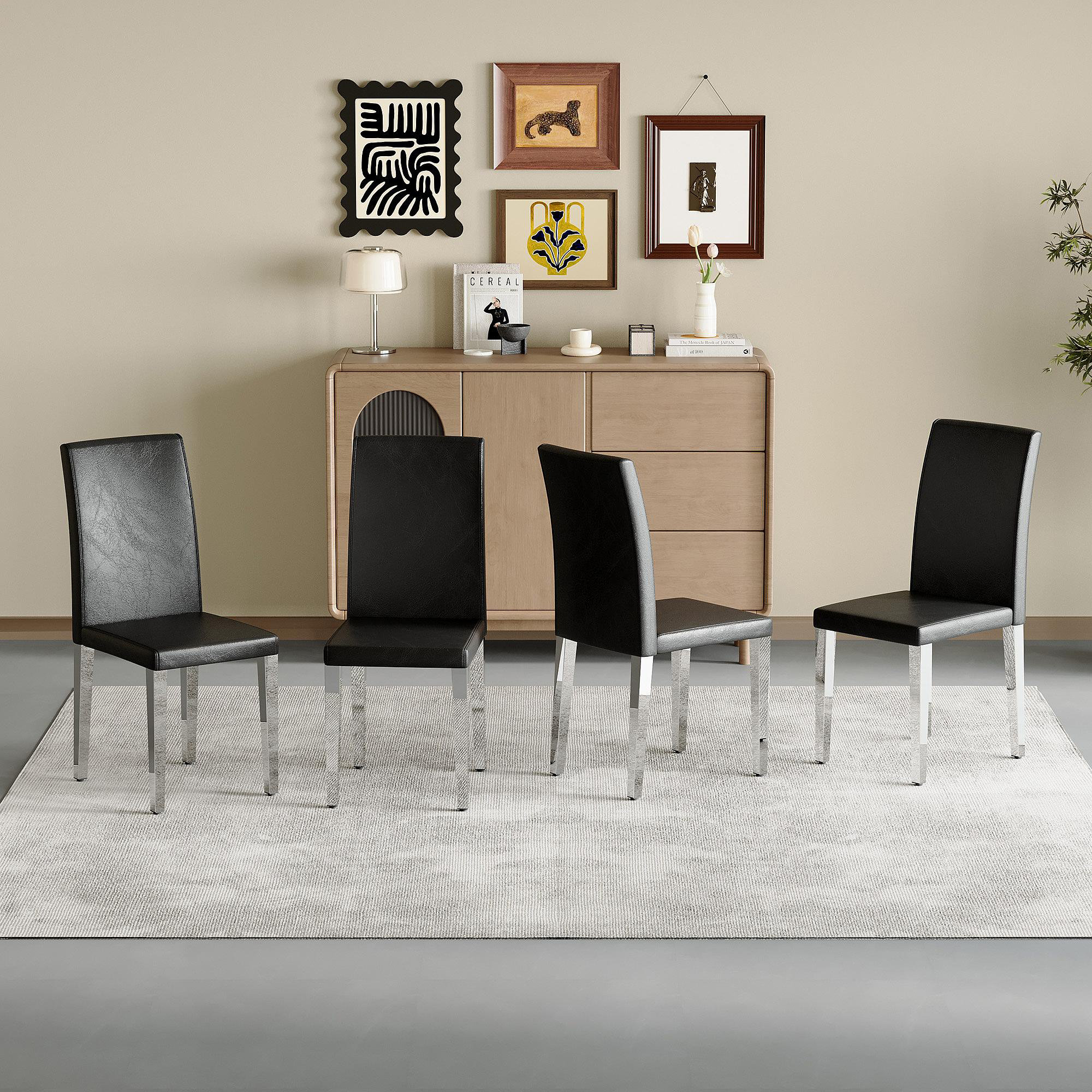 Ivy Bronx Set Of 4 Black PU Backrest Chairs With Silver Metal Legs -A ...