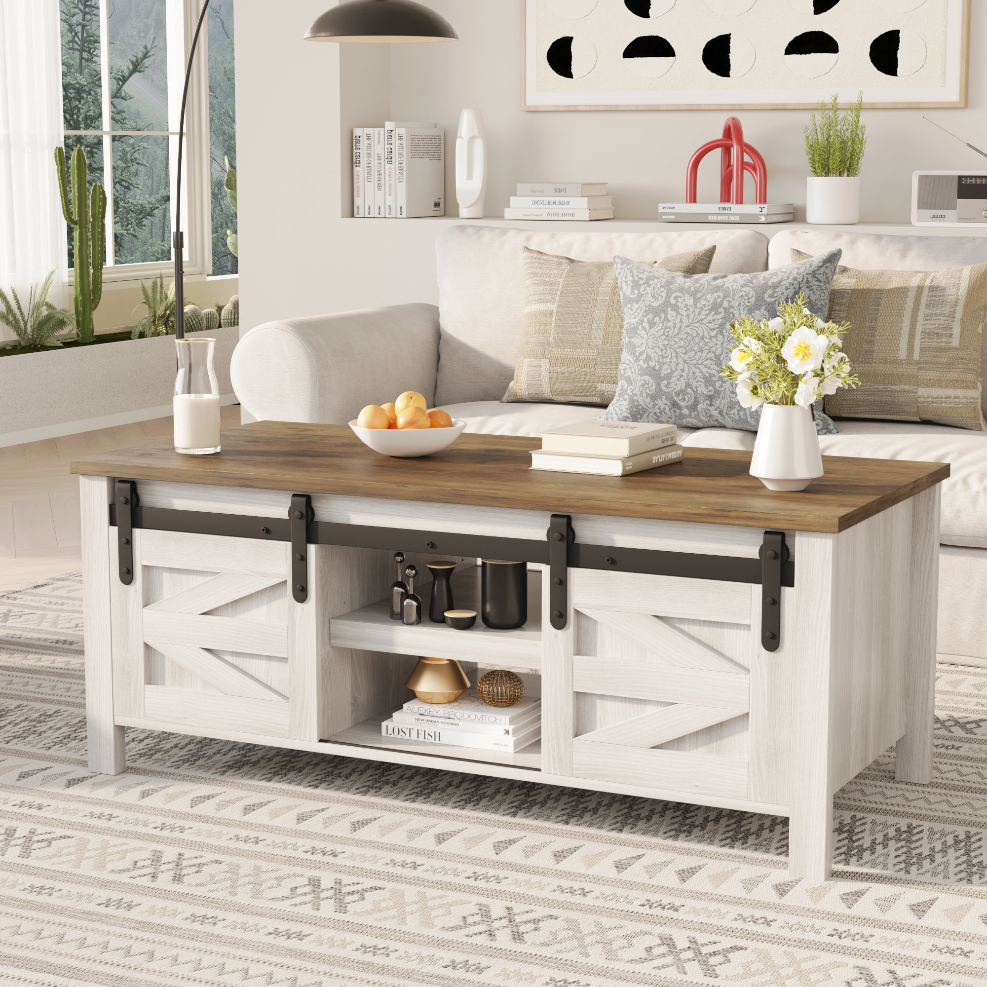 August Grove® Esben 47.2'' Long Coffee Table with 2 Sliding Doors and 3 ...