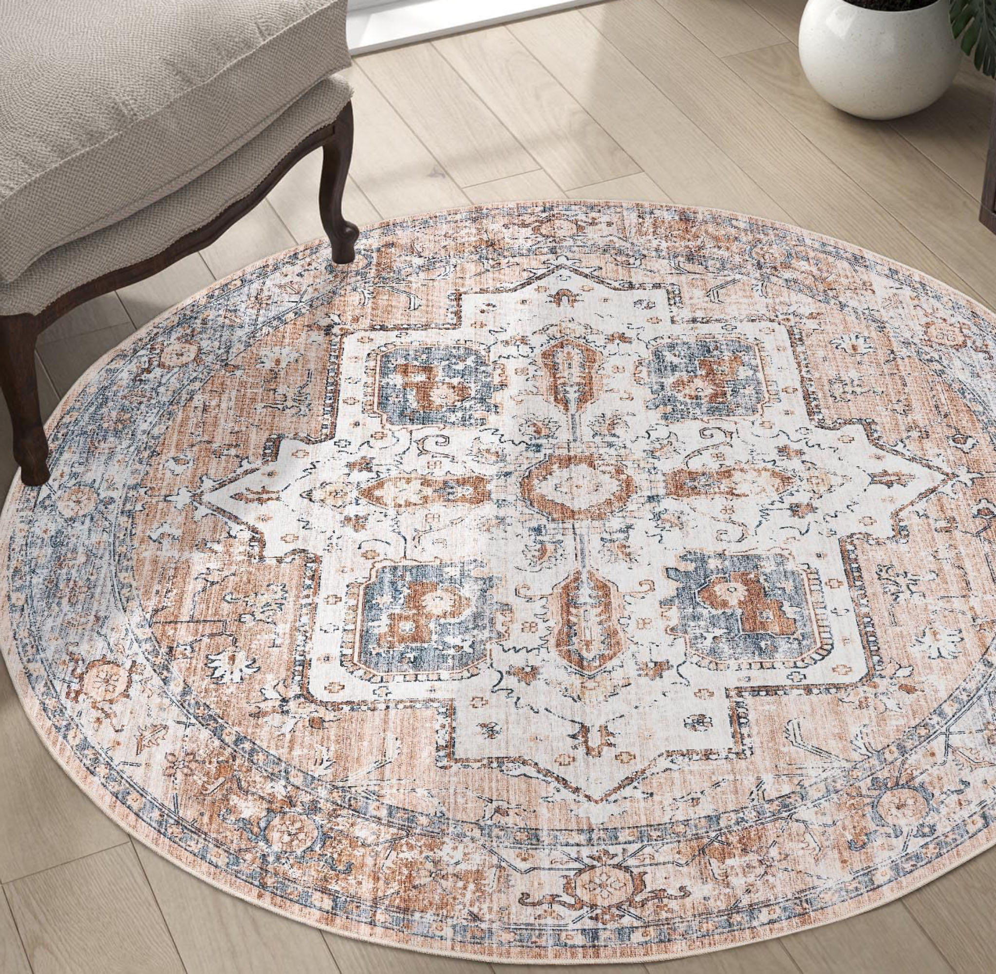 Bungalow Rose Round Rug 5Ft, Bohemian Area Rug ,Washable Rug, Floral ...