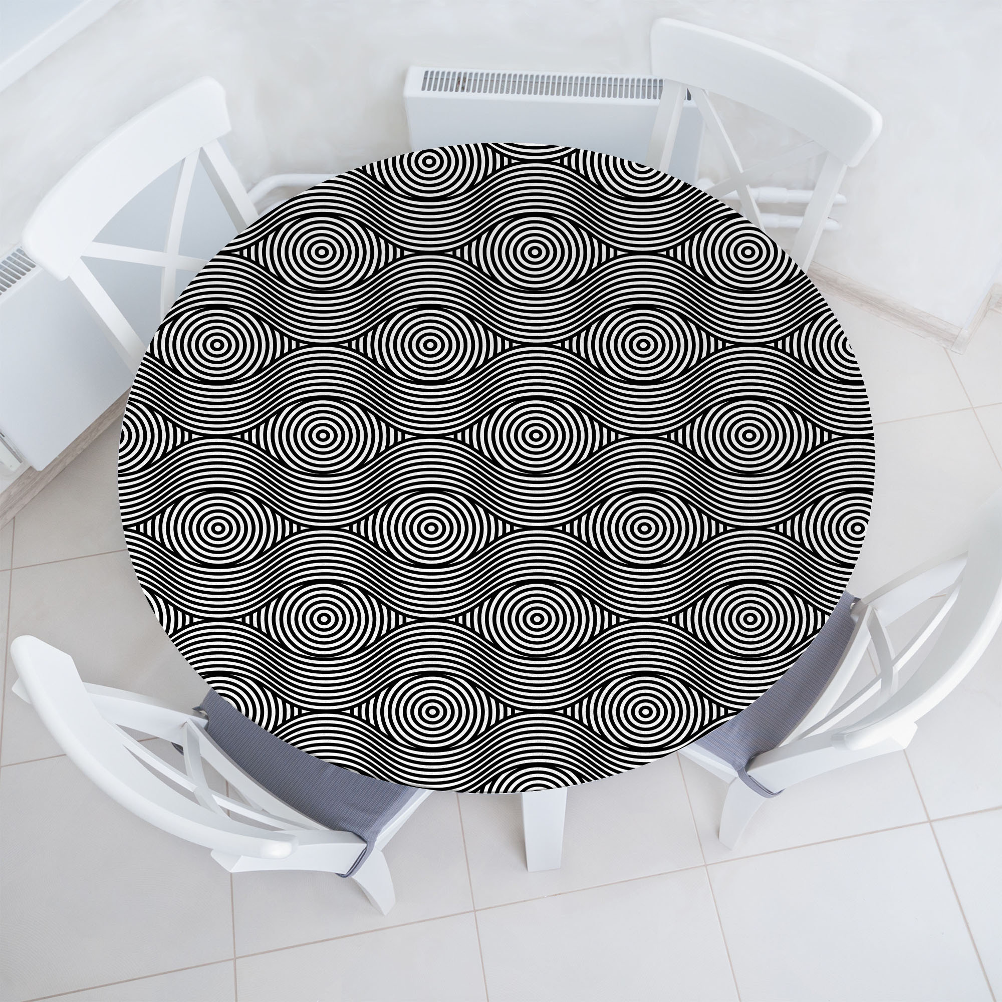 Ebern Designs Psychedelic Fitted Round Tablecloth Charcoal Grey and ...