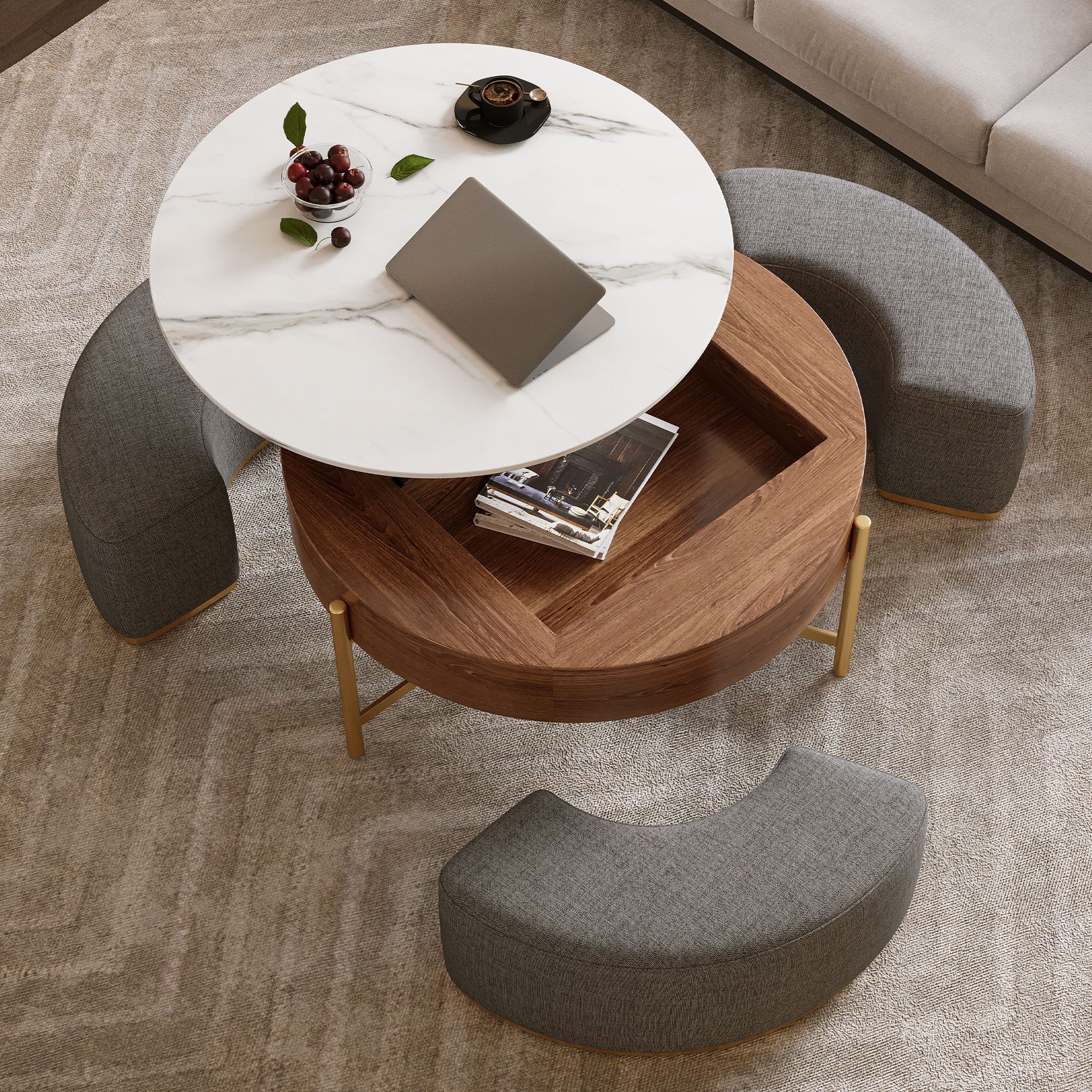 Everly Quinn Round Lift-top Coffee Table With Hidden Storage – Walnut ...
