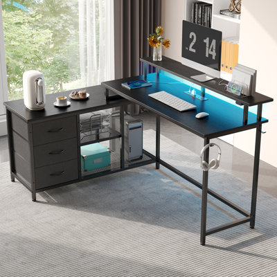 Inbox Zero Reversible Desk With Iron Shelves, Gaming Desk With Led ...