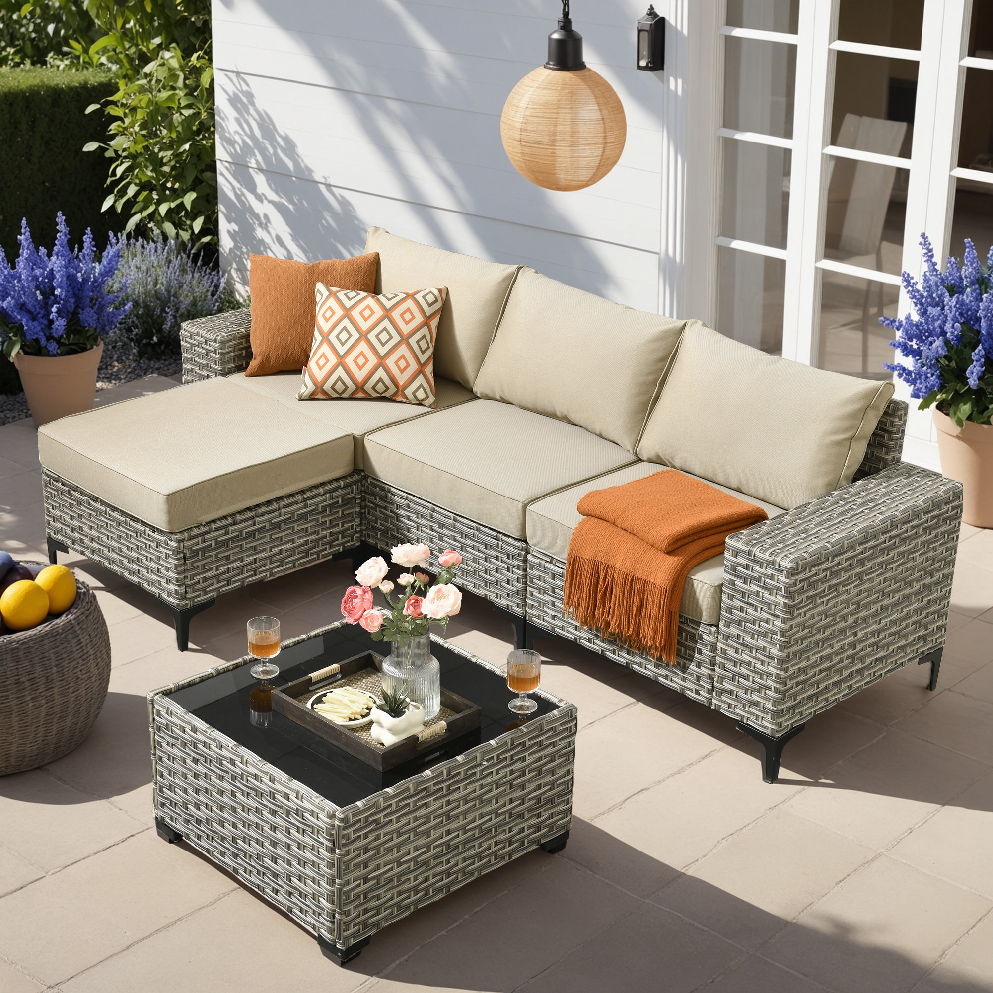Wrought Studio™ Outdoor Wicker Sectional Sofa Set with Ottoman, Coffee ...