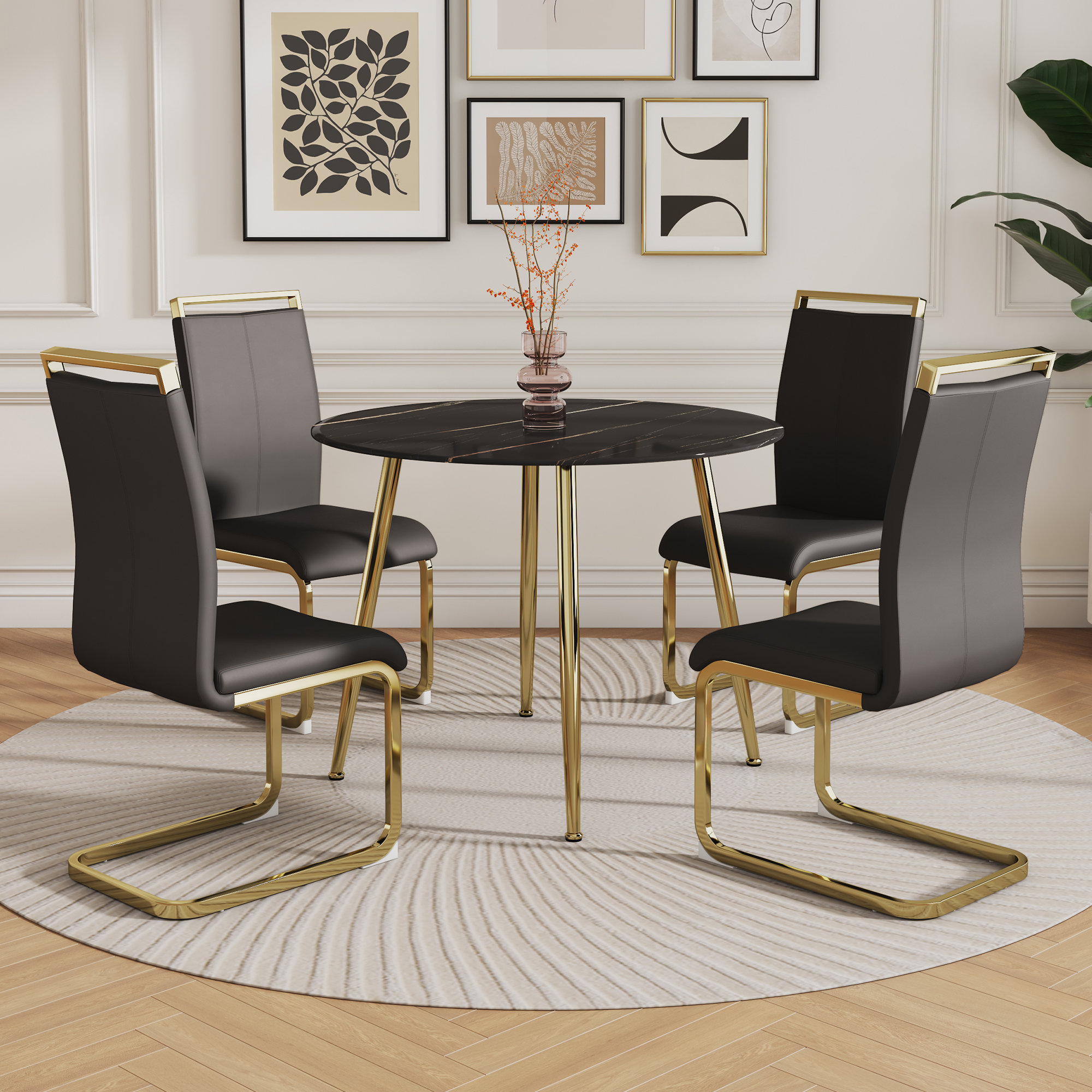 Mercer41 Cambreigh 5-Piece Round Marble Top Round Dining Table Set ...