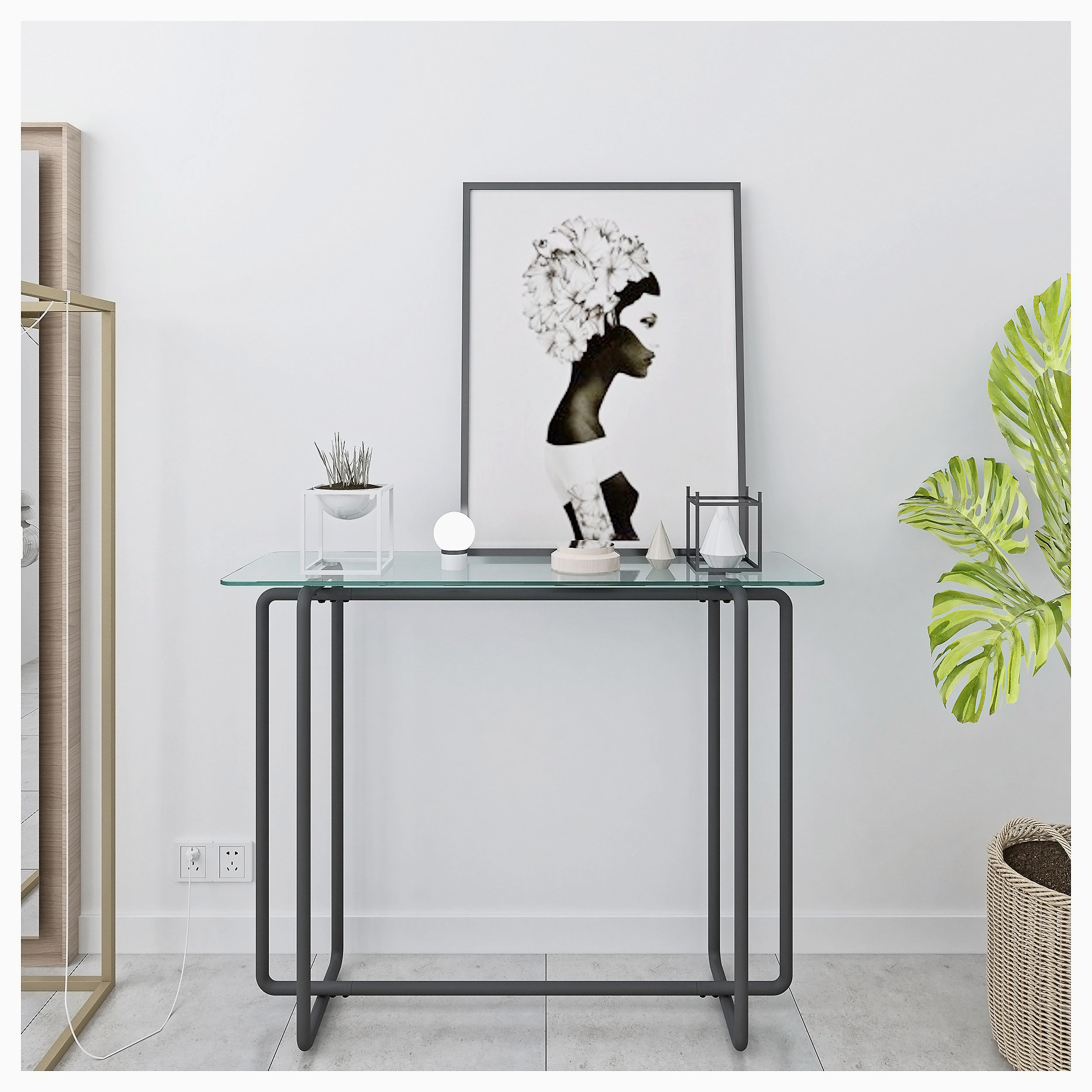 WANDINGT Console Table Single Layer Tempered Glass Rectangular Porch ...