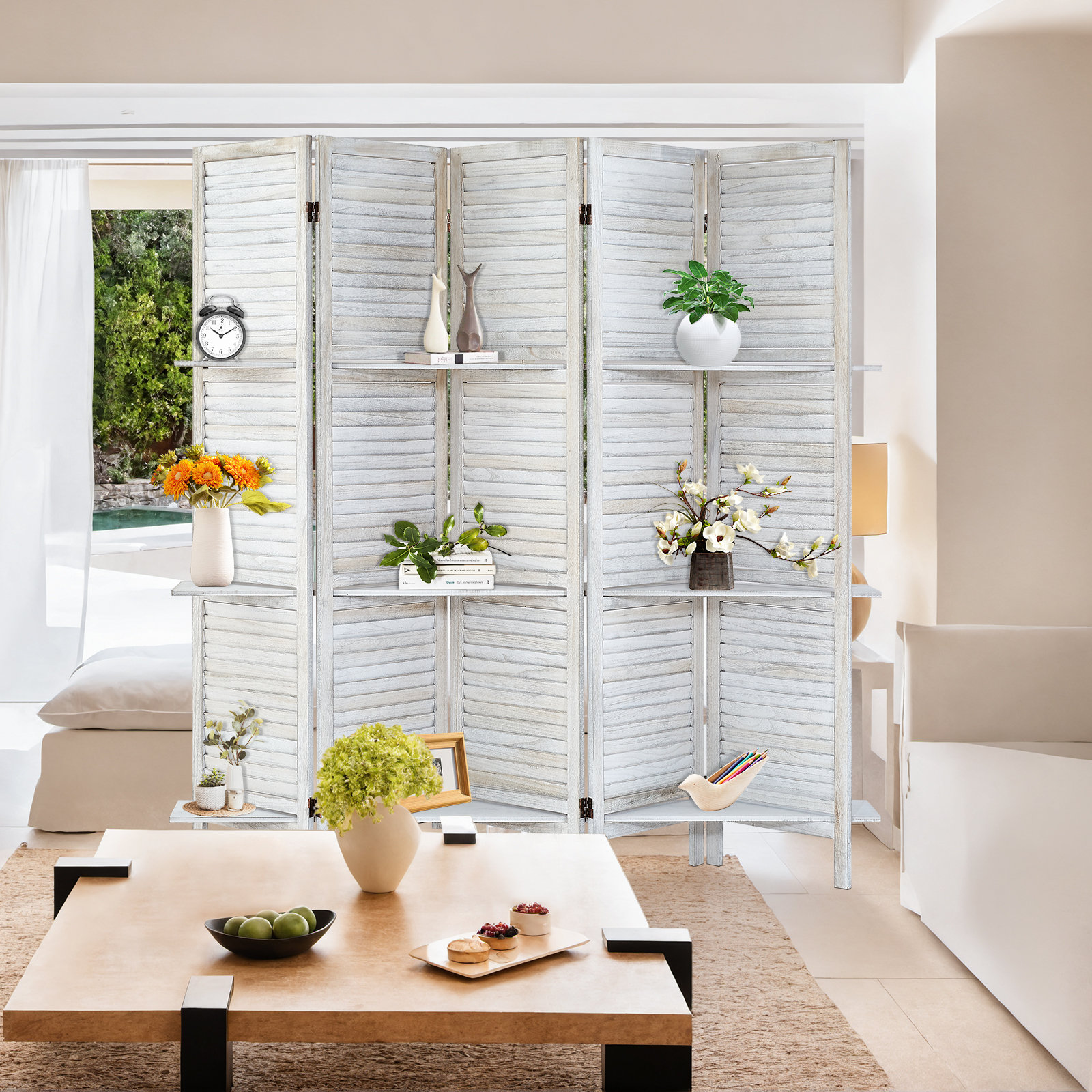 Gracie Oaks 5.6Ft Tall Room Divider With Shelves Wooden Folding Privacy ...