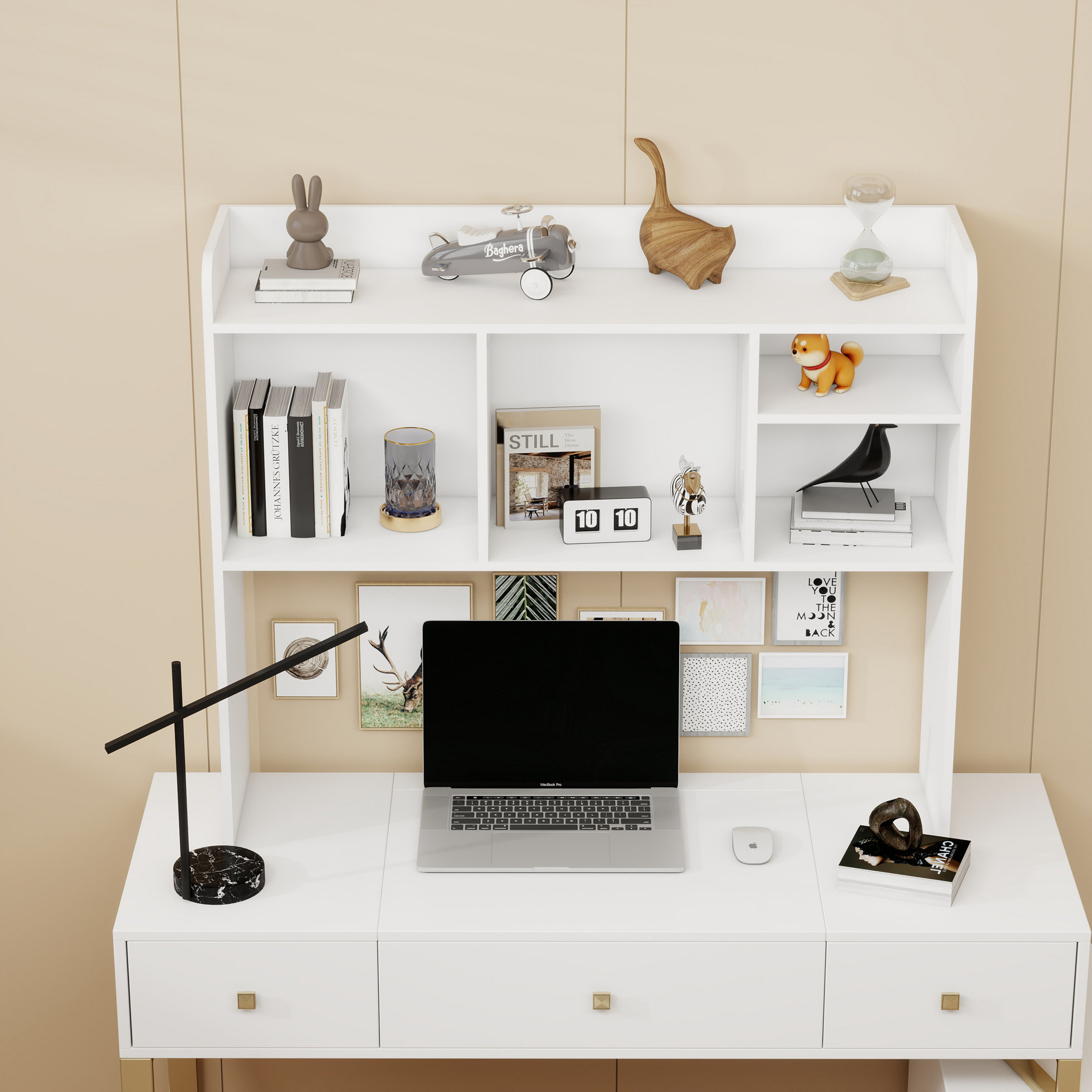 17 Stories Desktop Bookshelf, High-Capacity Wood Desk Hutch Organizer ...
