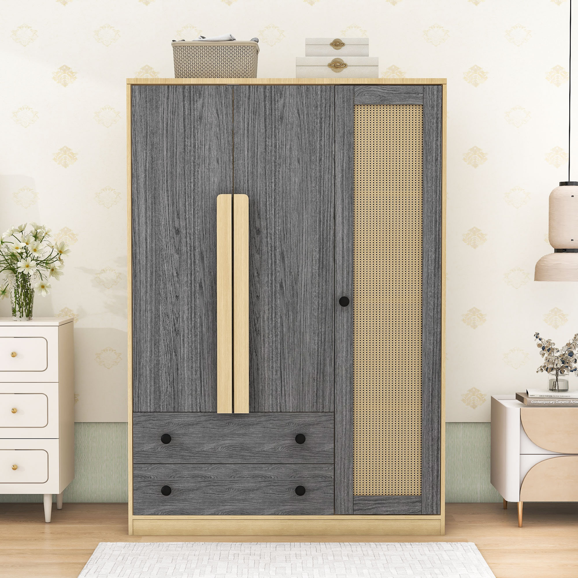 Bay Isle Home™ Calesha 3-Door Wood Wardrobe with Rattan Accents ...