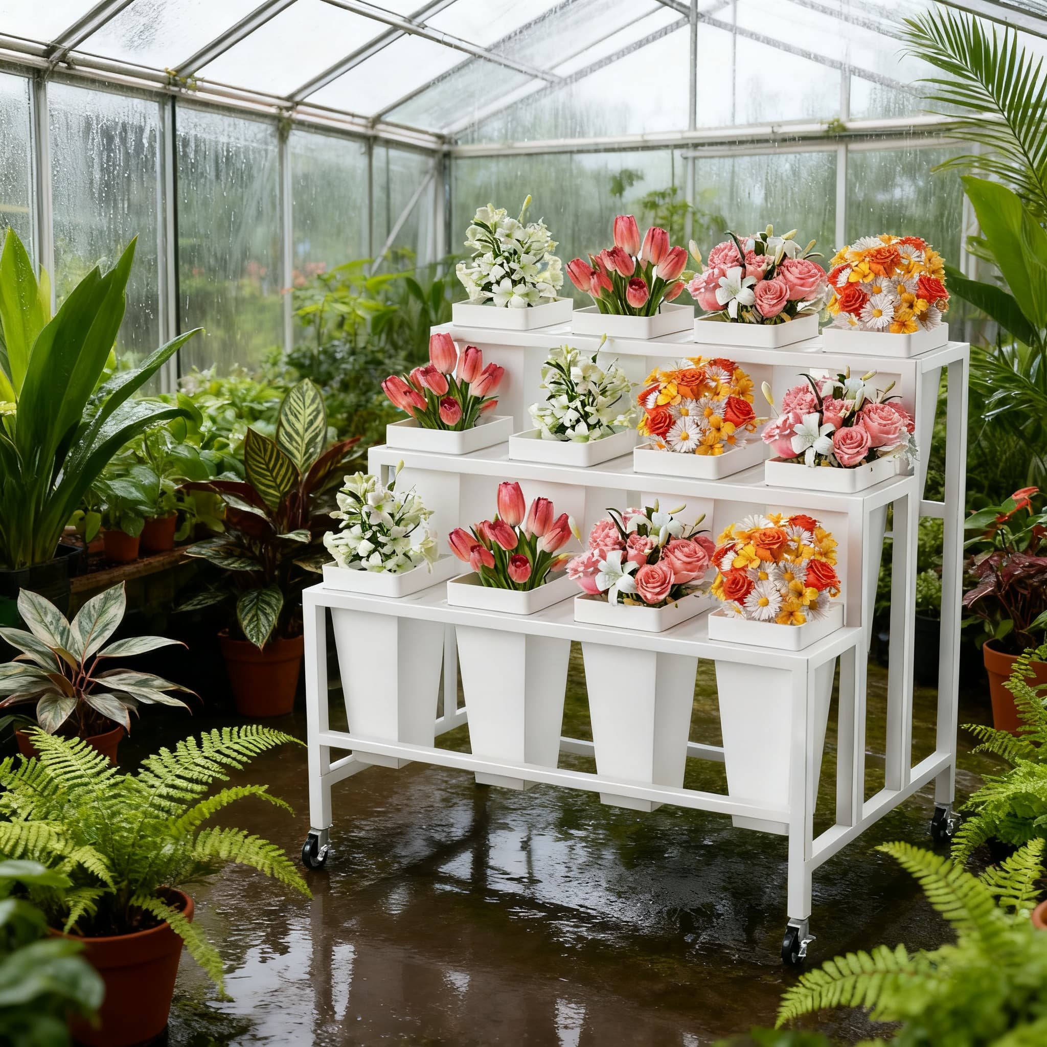 Arlmont & Co. 3-Tier Rolling Flower Stand With 12 Plastic Buckets ...