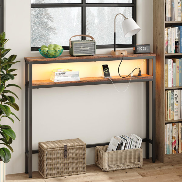 17 Stories Rustic Brown Sofa Table - Slim Design With Outlets And USB ...