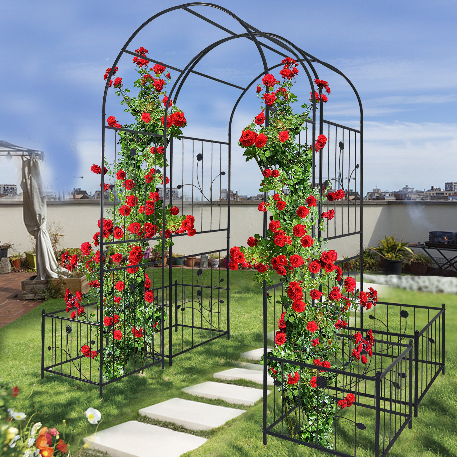 NFusion Agustin Metal Garden Arch with Two Plant Stands | Wayfair