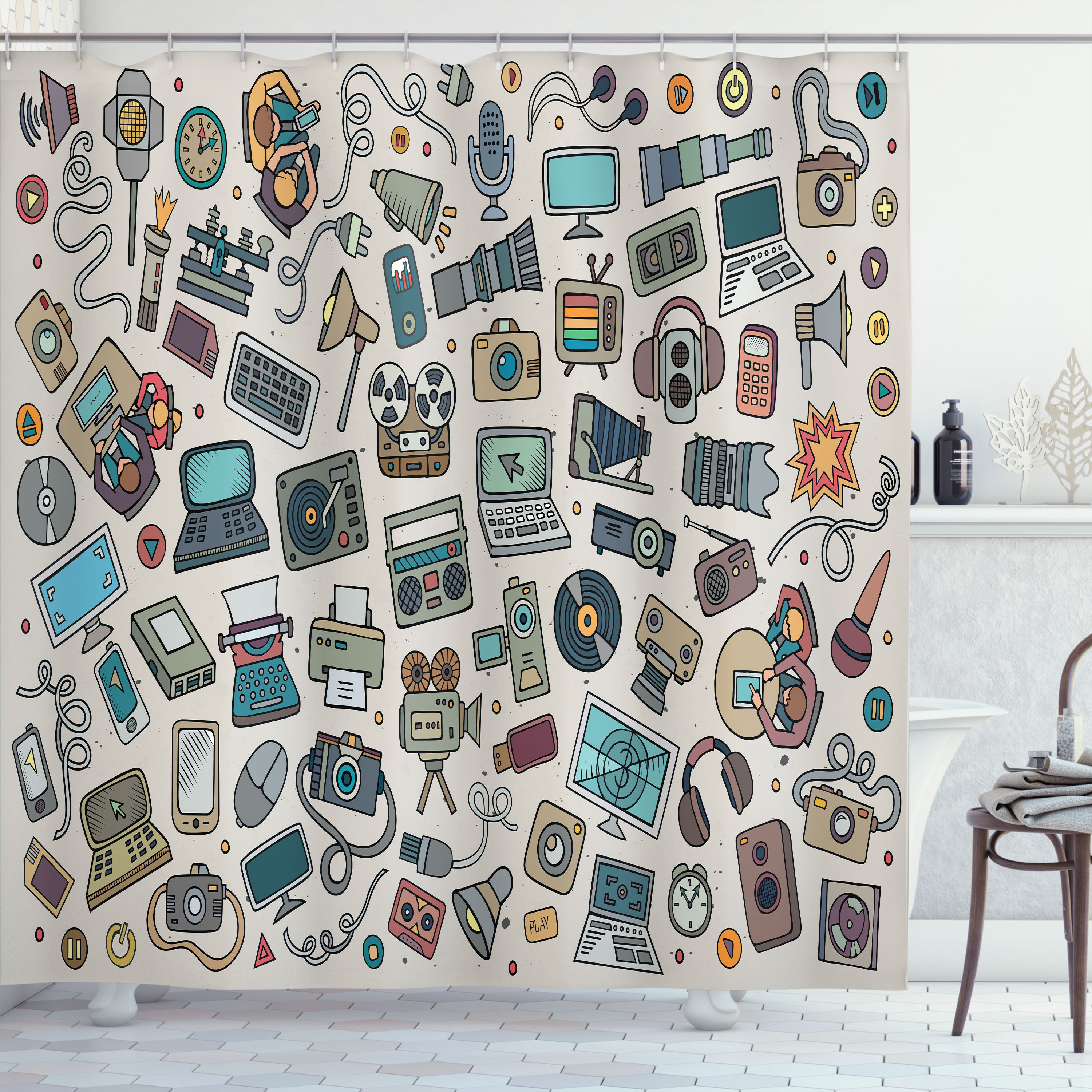 East Urban Home Hipster Shower Curtain Radio Cartoon Nostalgic ...