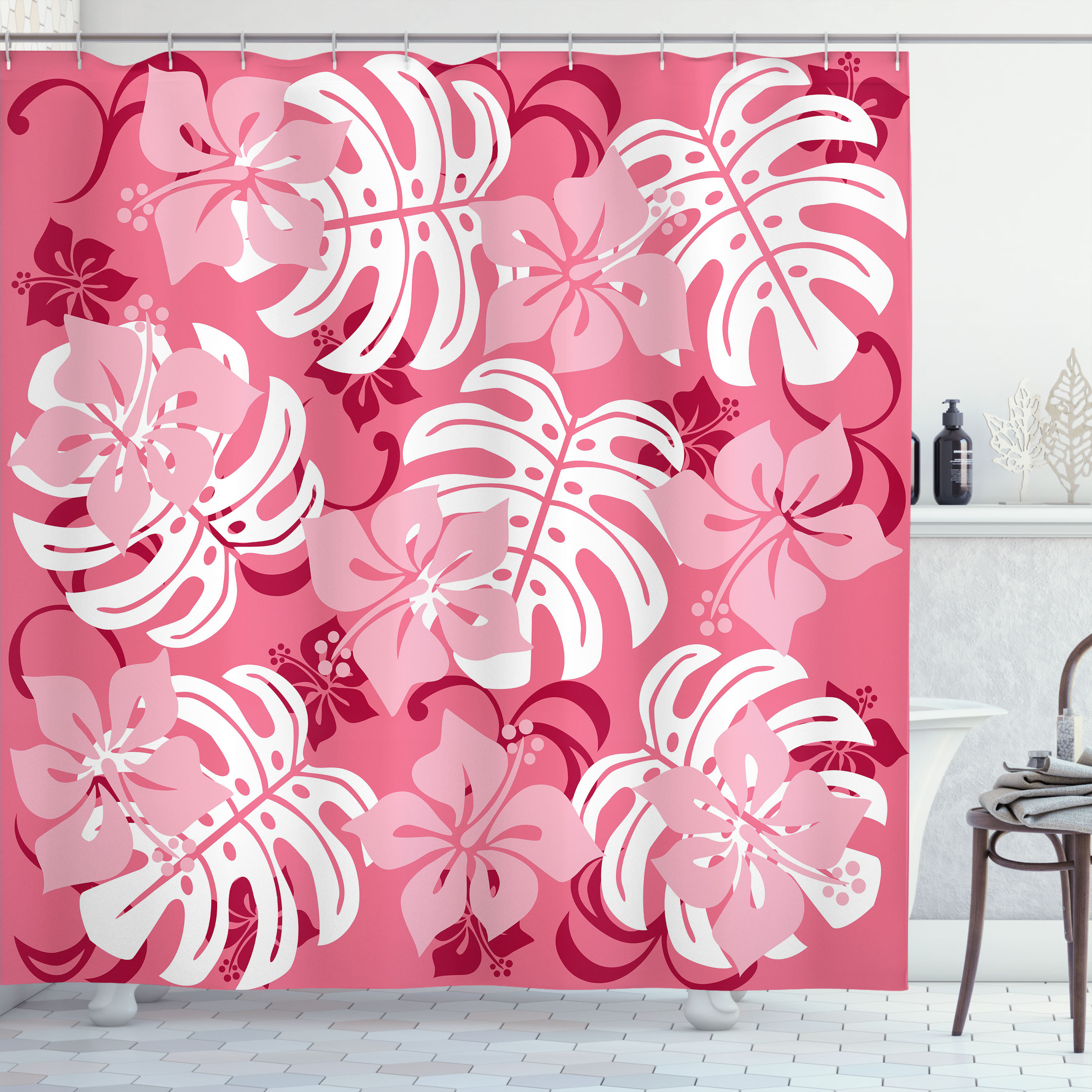 Latitude Run® Luau Shower Curtain Monstera Leaves Blossoms Pink White ...