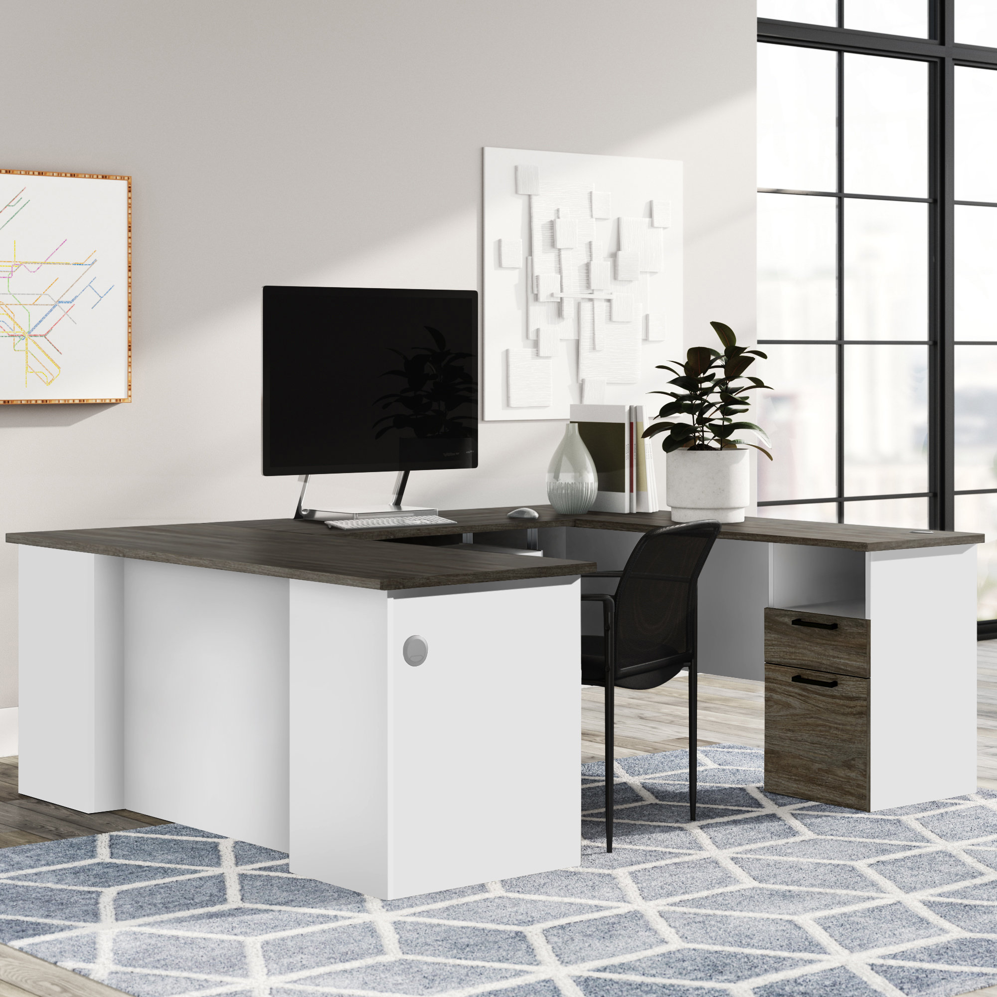 Inbox Zero Ocke Reversible U-Shape Executive Desk with Built in Outlets ...
