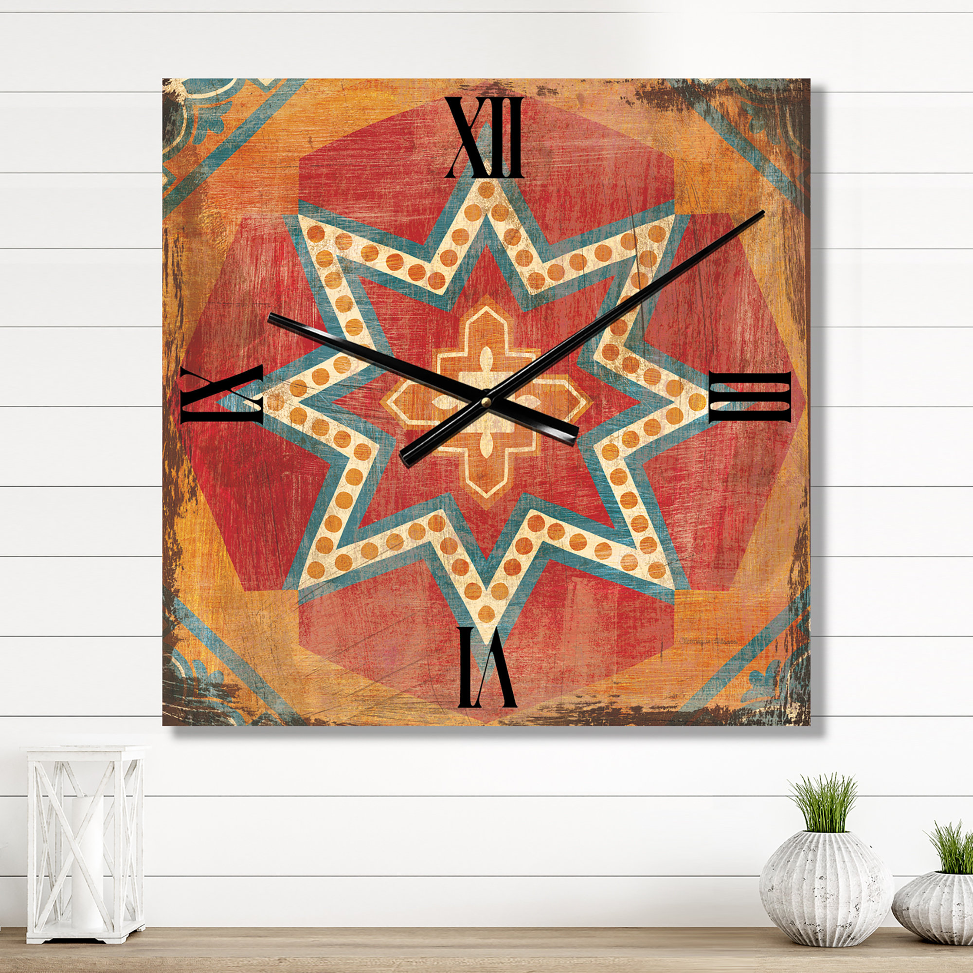 East Urban Home Moroccan Orange Tiles Collage I - Bohemian Wall Clock ...