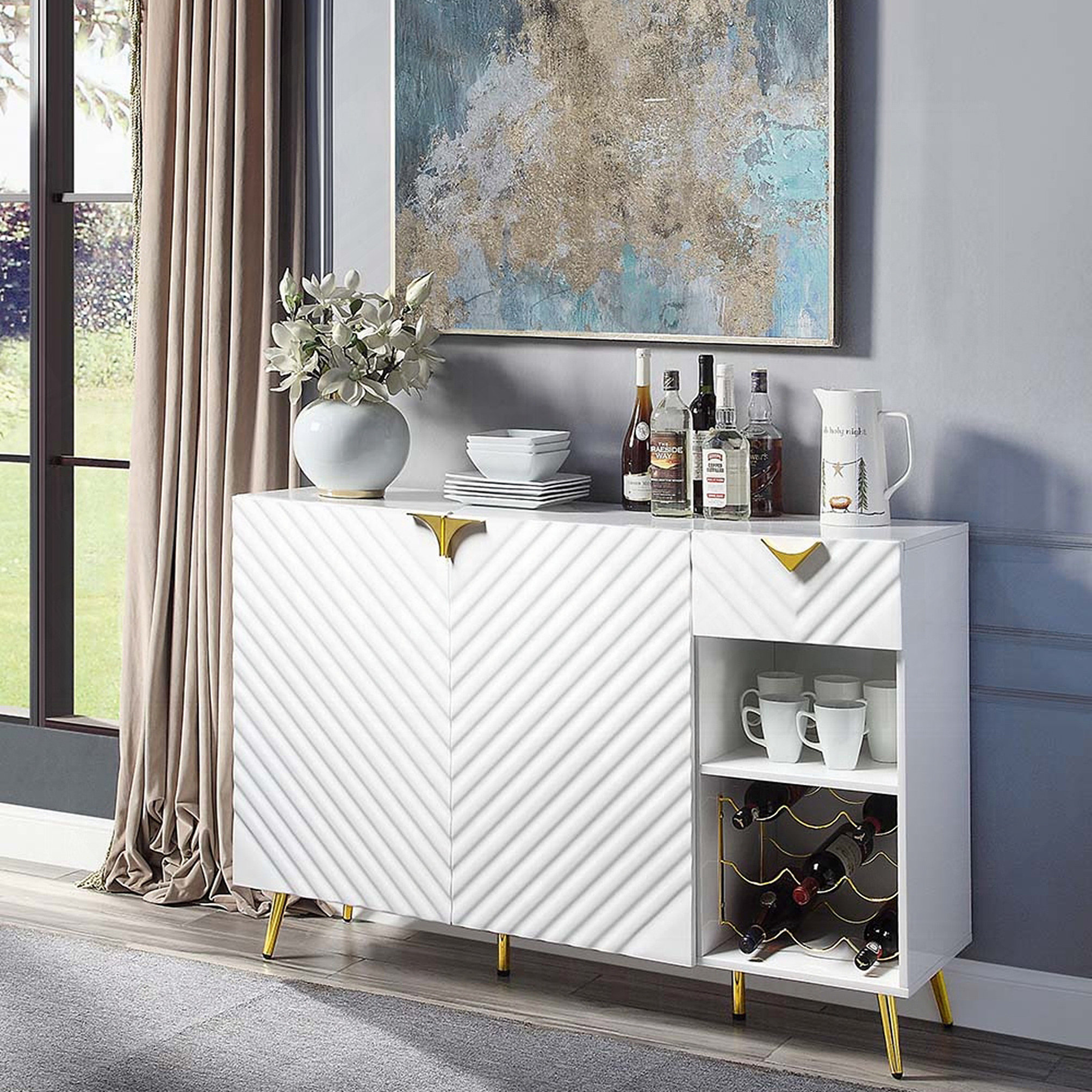 Everly Quinn White High Gloss 2-Door Server with Drawer and Shelf ...