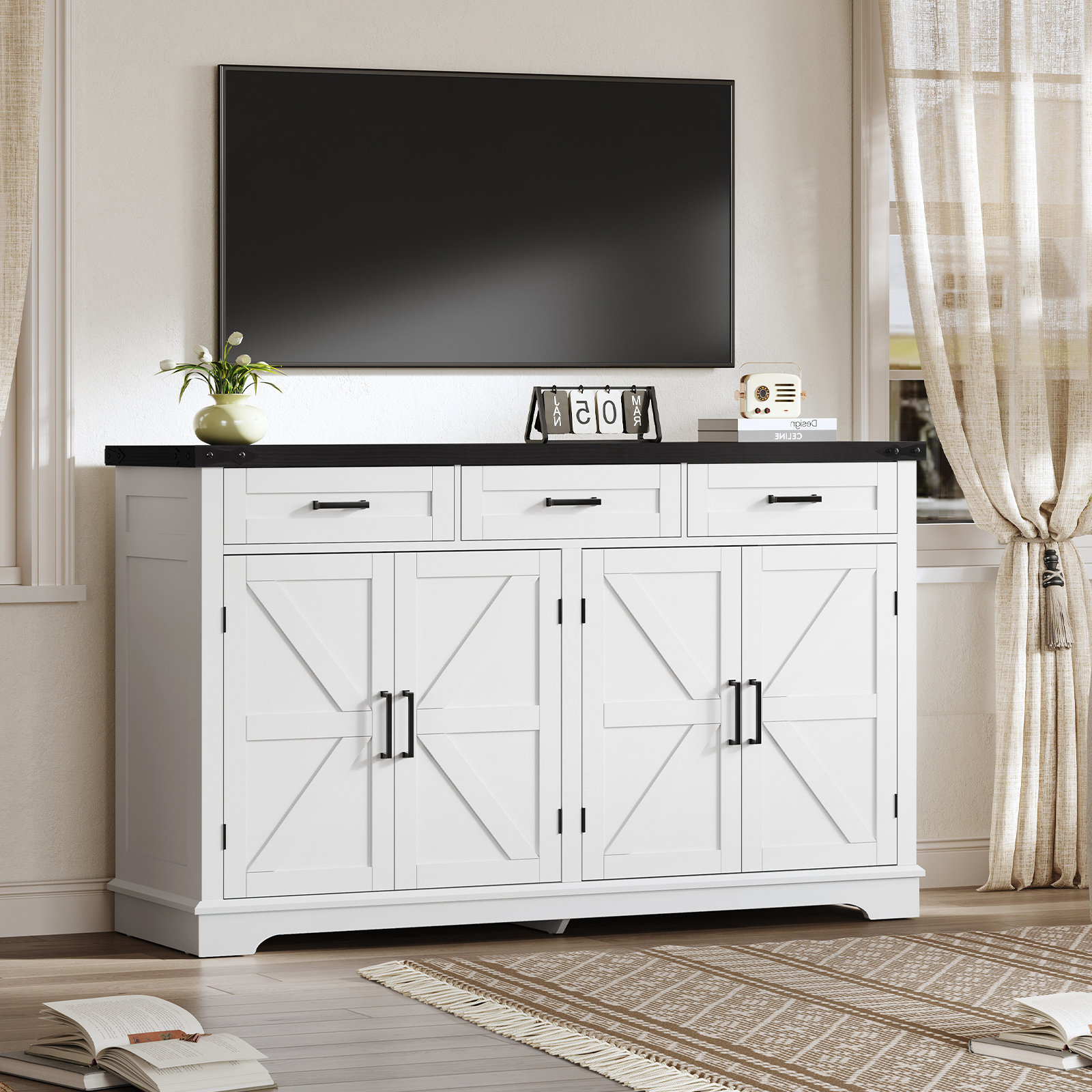 Gracie Oaks Buffet With 3 Drawers And 4 Doors, Accent Stoarge Cabinet ...