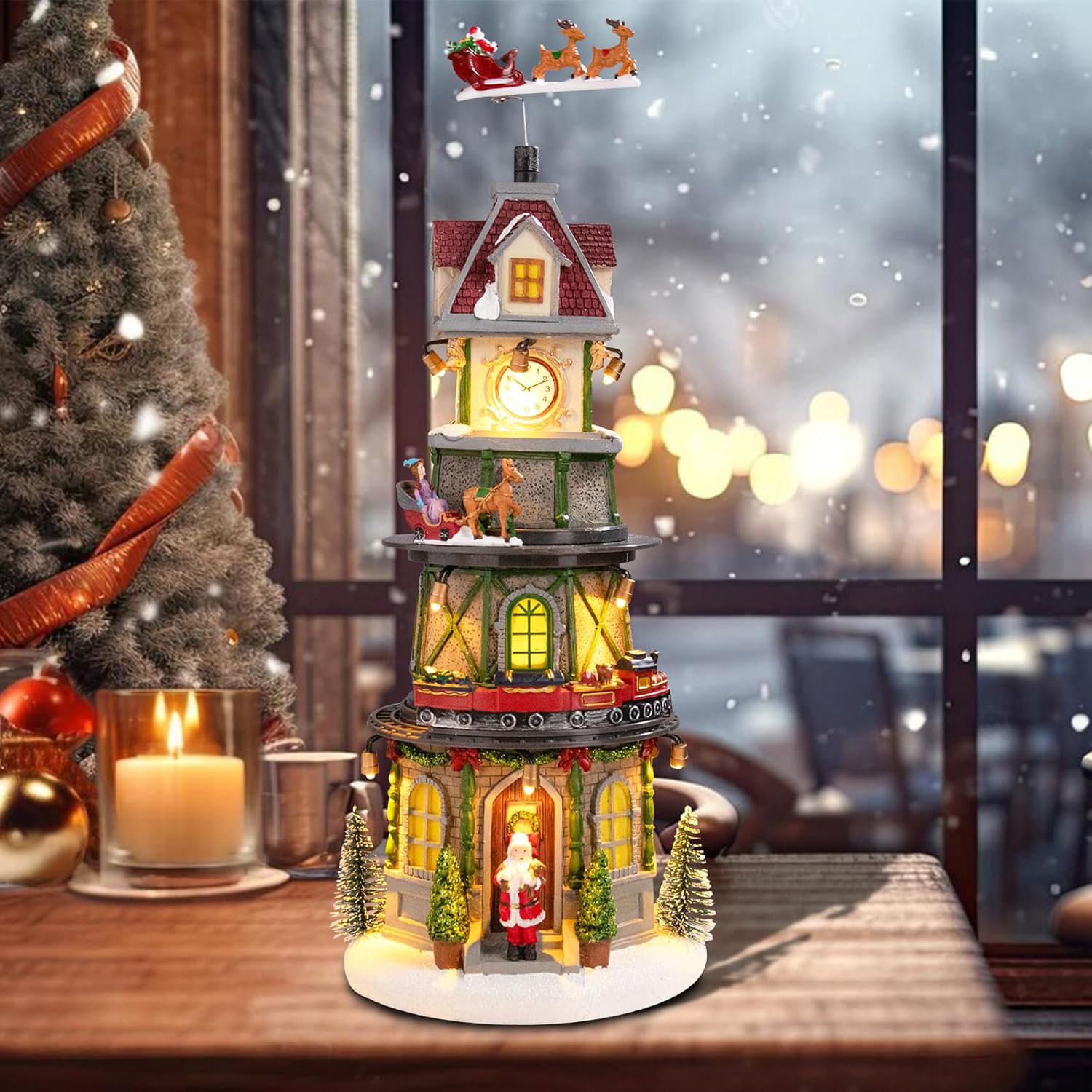 The Holiday Aisle® Clock Tower Figurine with Revolving Train Music with ...