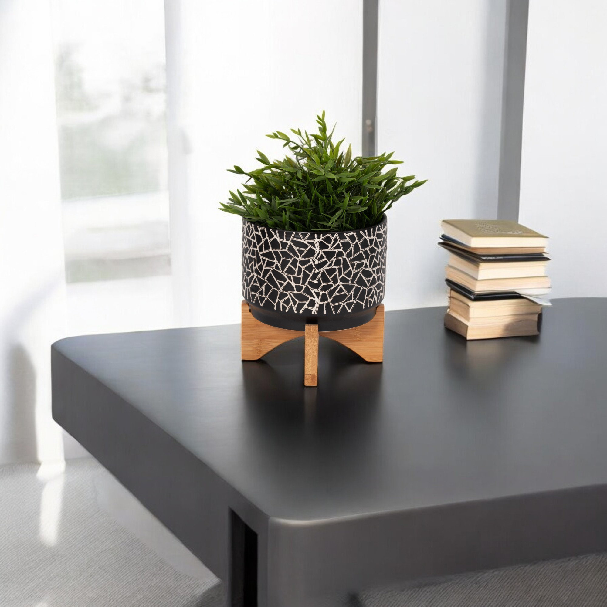 George Oliver Naghibi Ceramic Planter with Bamboo Wood Stand ...