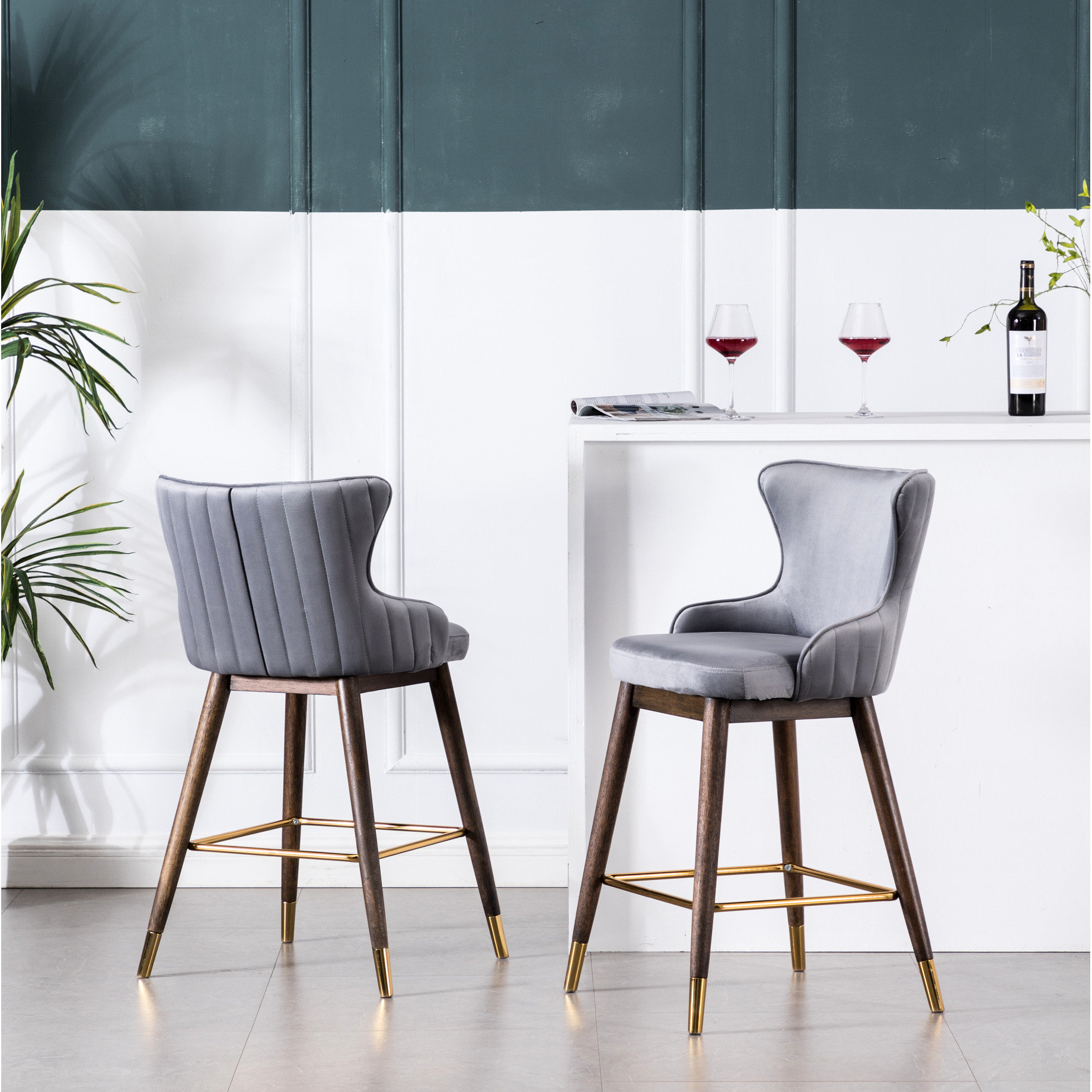 Mercer41 2 Counter Height Stools In, Upholstered With Velvet-Like ...