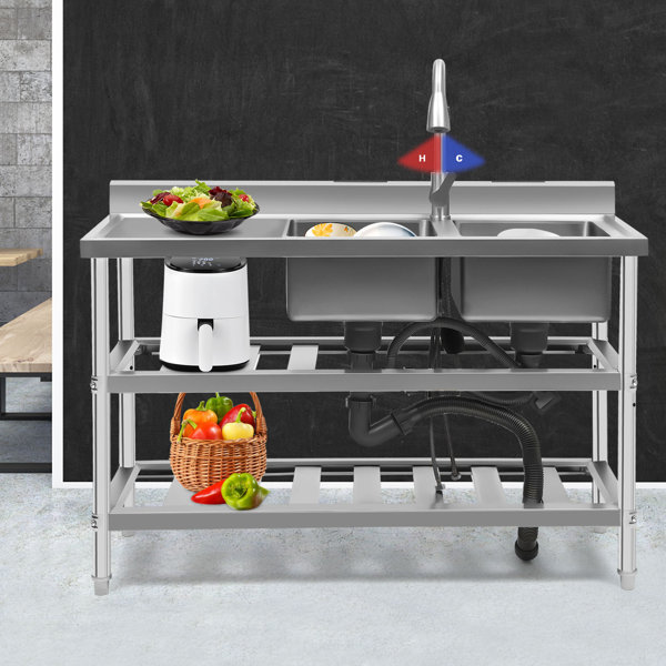 JOYDING Stainless Steel Free Standing Service Sink Kitchen Sink with 2 ...