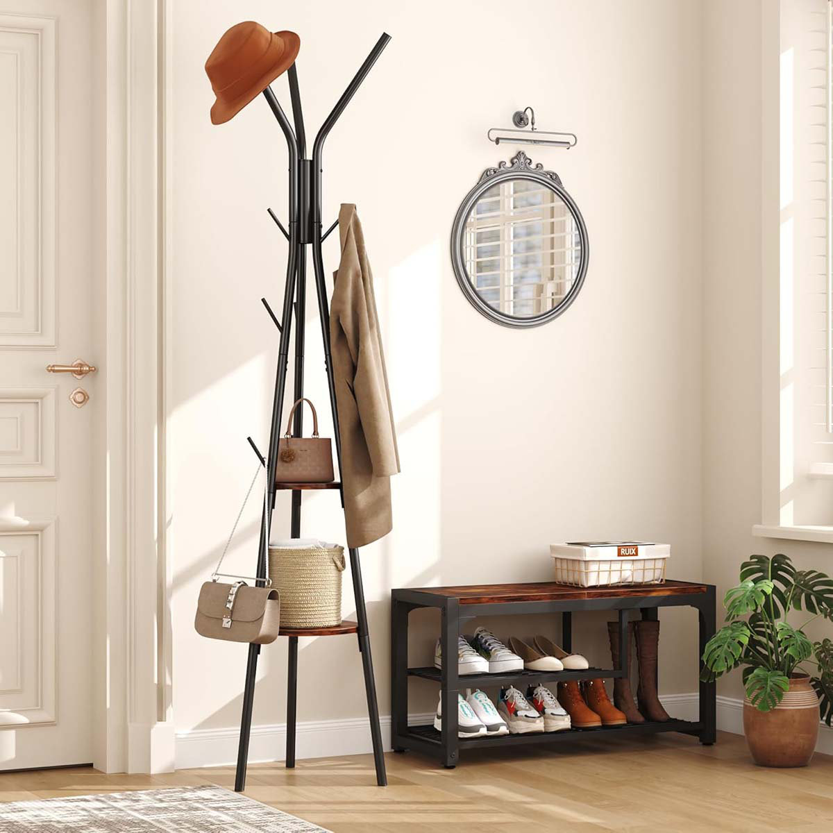 George Oliver Coat Rack, Coat Hanger Stand With 2 Shelves, Freestanding ...