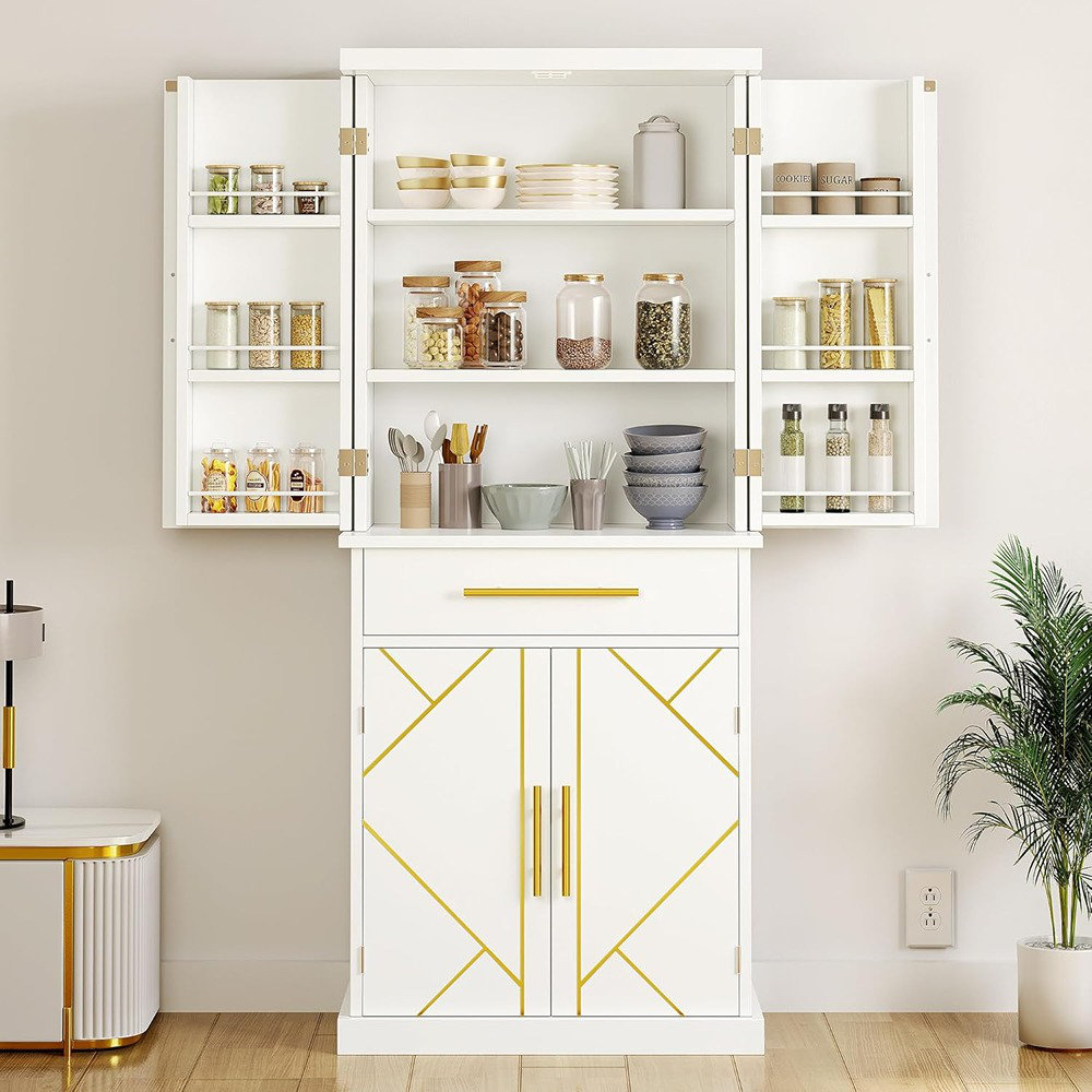 Mercer41 Kitchen Pantry Cabinet, 72'' Tall Freestanding Buffet Cupbo ...