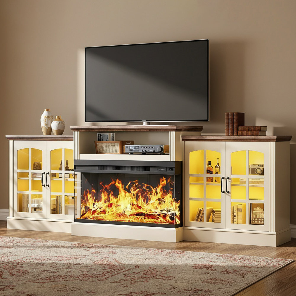 Ivy Bronx 97"W Farmhouse 3-Sided Fireplace TV Stand For Over 100" Tvs ...