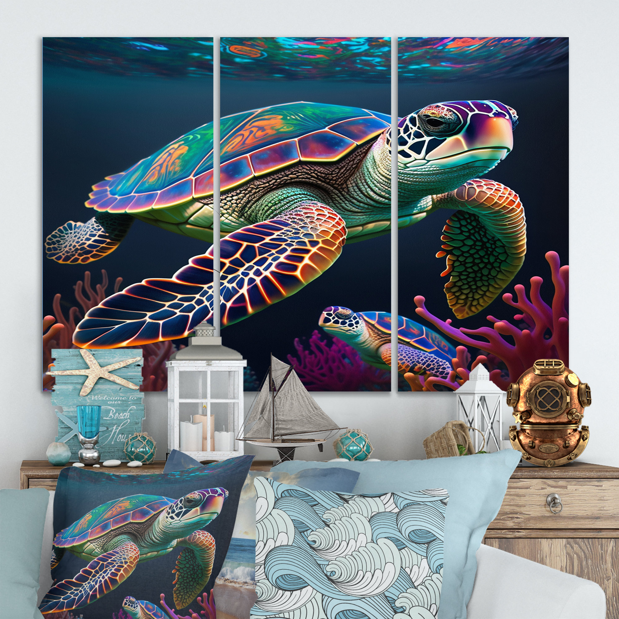 Design Art Colorful Deep Sea Turtle Portrait - Animals Turtle Wall Art ...