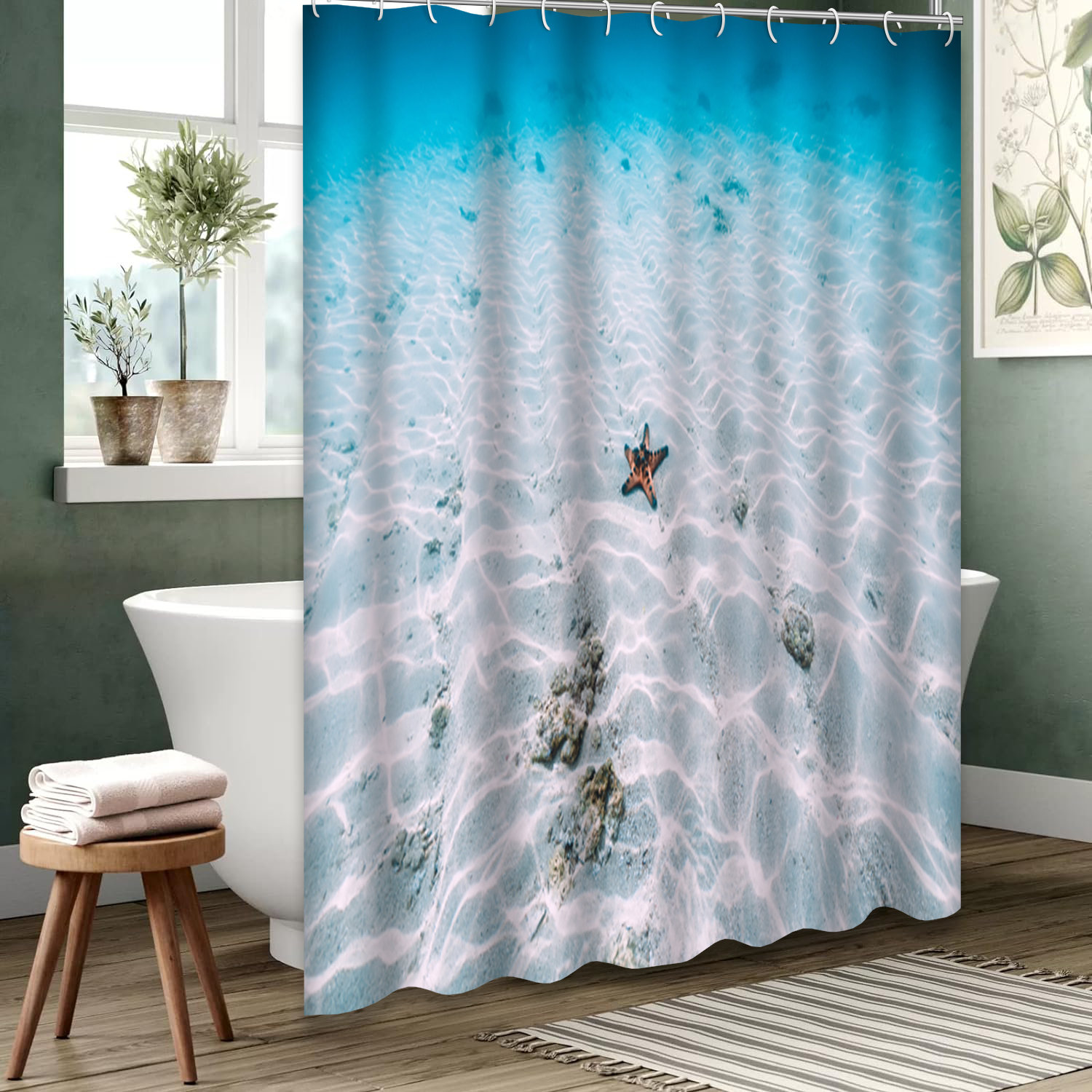 FYATHM Red Blue Ocean Waterproof Shower Curtain,Red Starfish Blue Ocean with White Sand ...