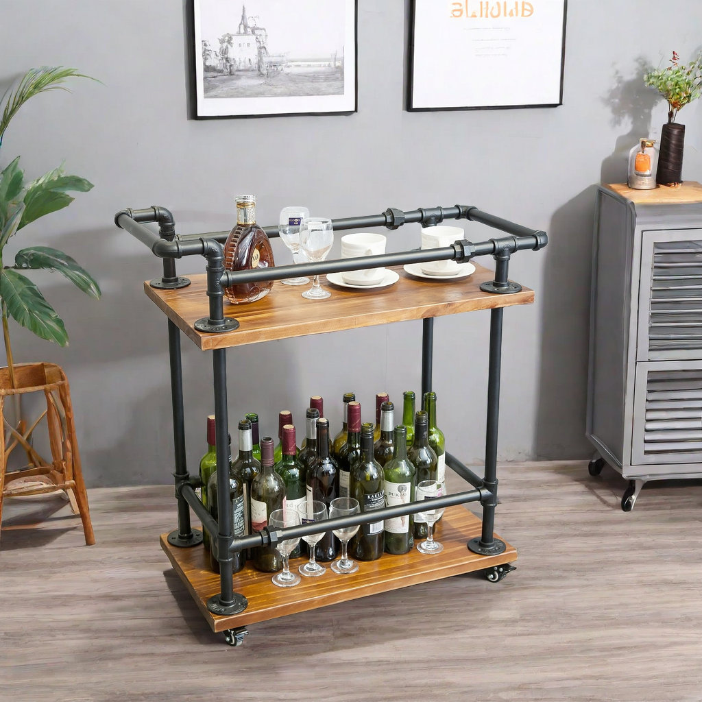 Williston Forge Chariot-bar industriel, tablette en bois massif à deux ...