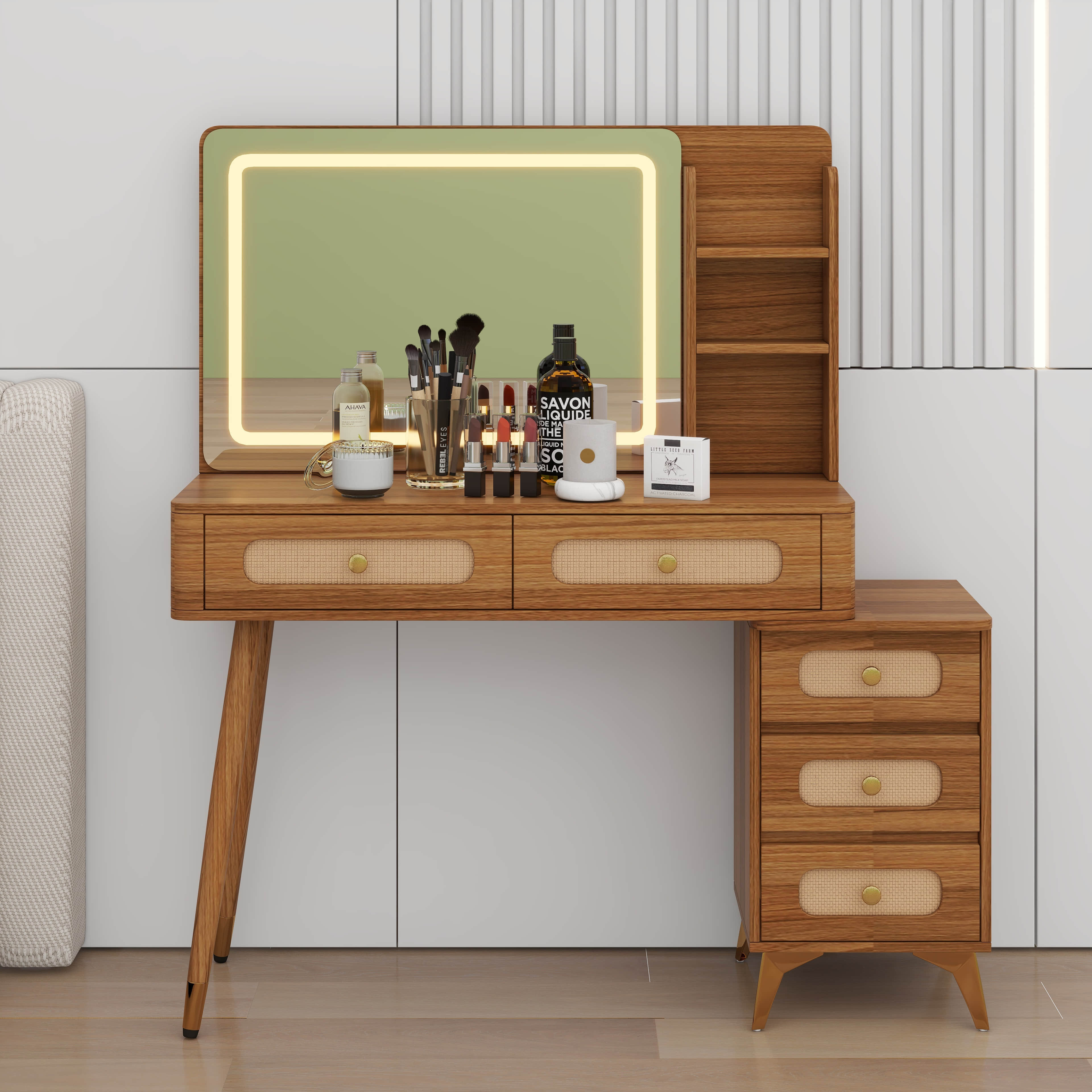 Ivy Bronx Makeup Vanity With Mirror And Lights, Rattan Drawer | Wayfair