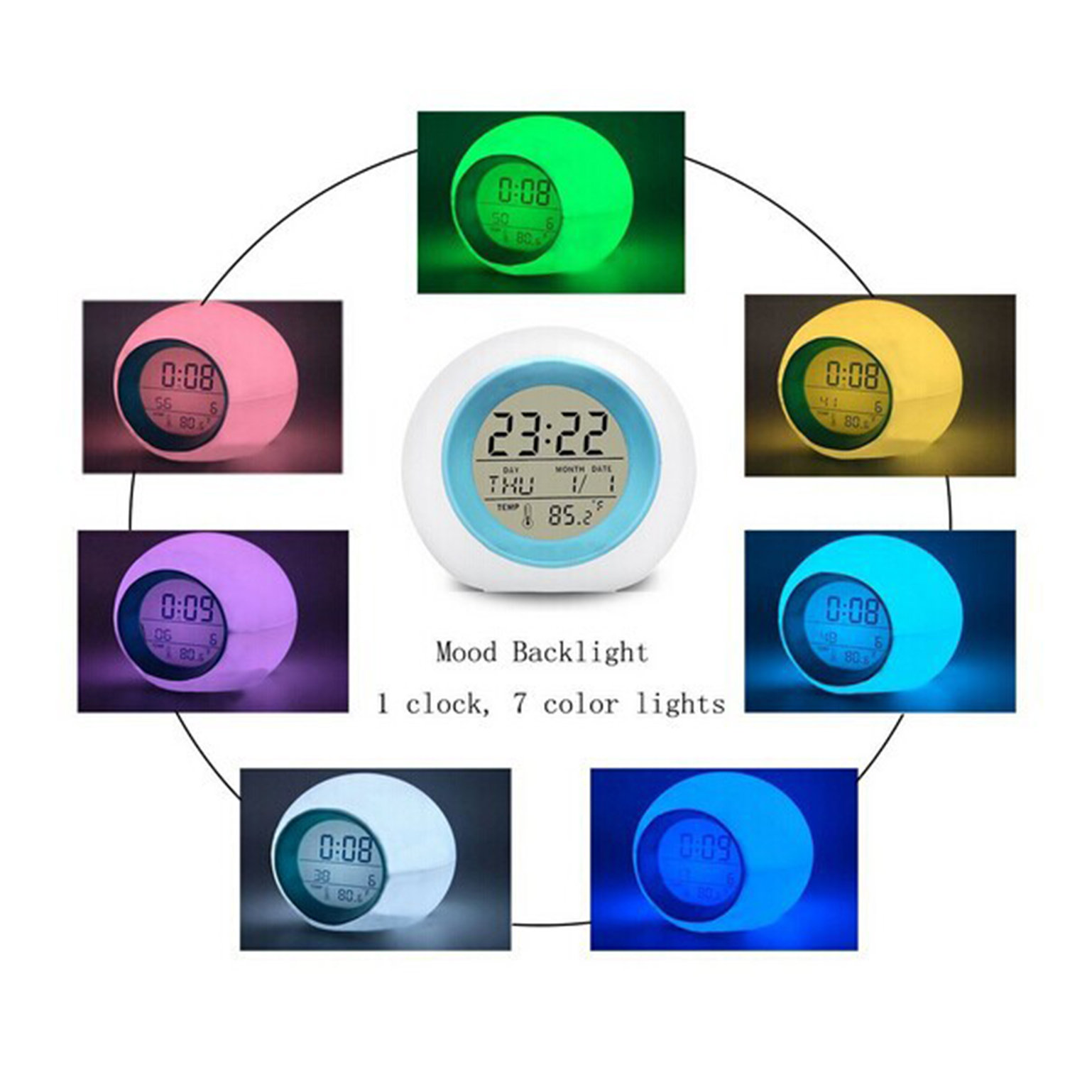 Ebern Designs Alarm Clock Table-Round Colourful Alarm Clock Light ...