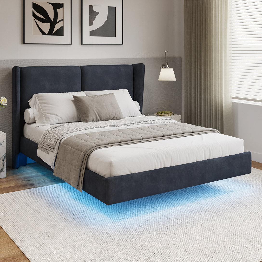 Ivy Bronx Velvet Fabric Floating Bed Frame with LED Lights Wingback ...