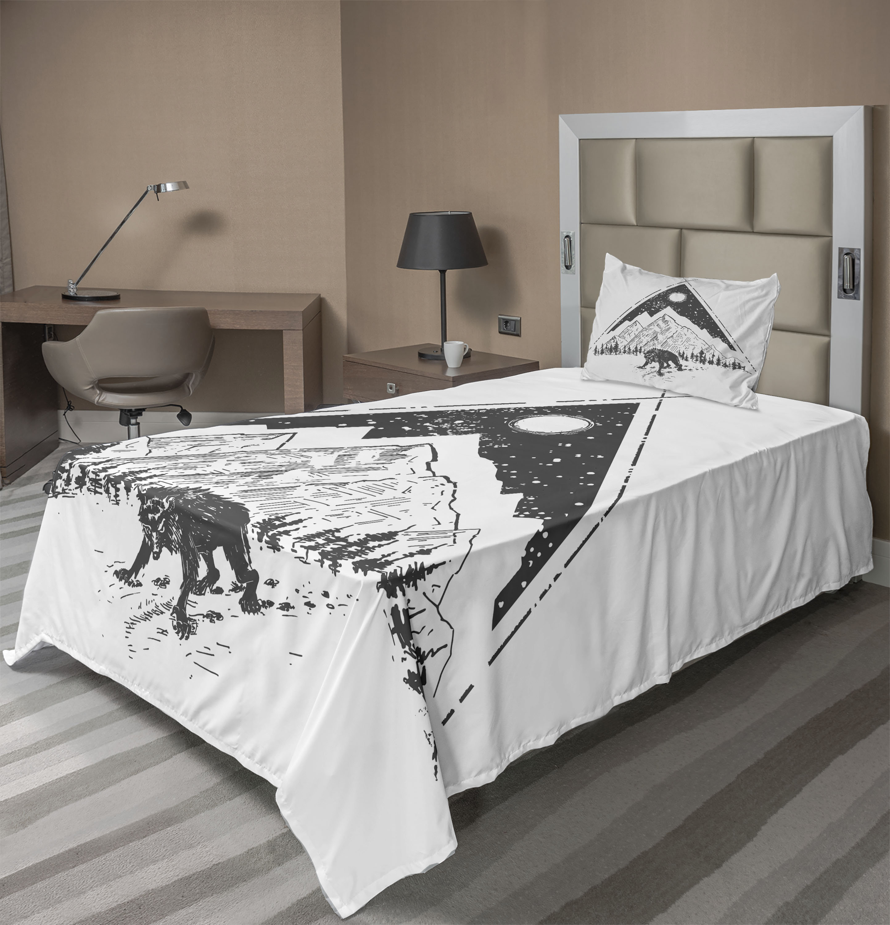 Ambesonne Wolf Sheet SetMountain Moon Wild Animal Art Dark Grey and ...