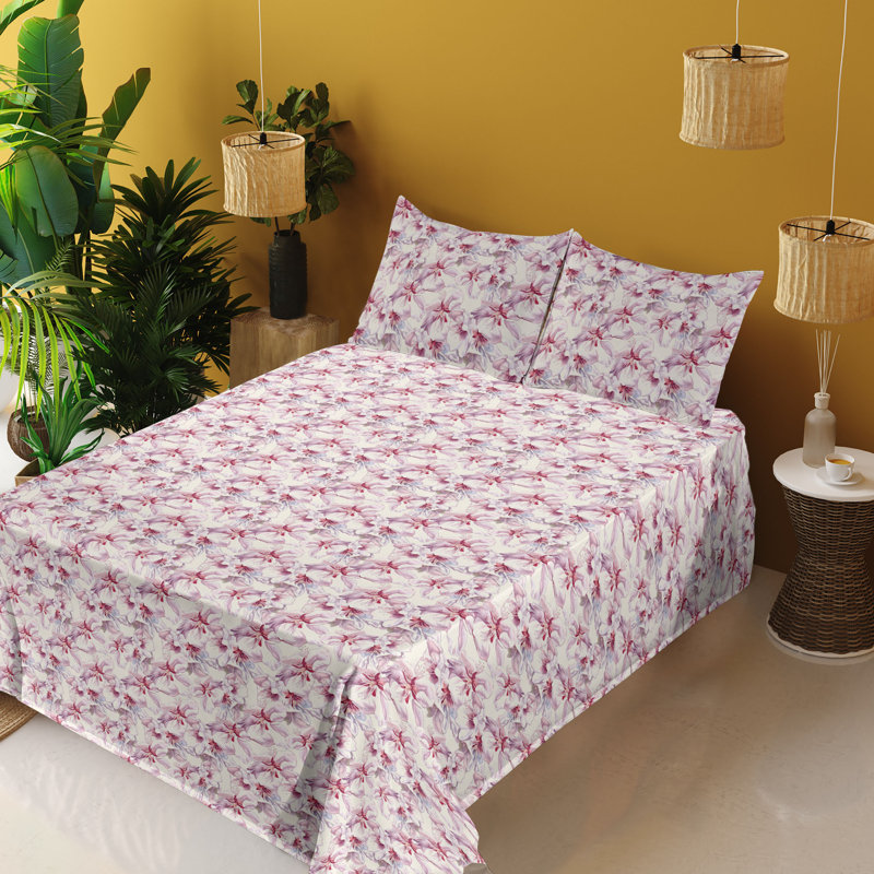 Ambesonne Cherry Blossom Sheet Set Sakura Petals Art Pale Pink and ...