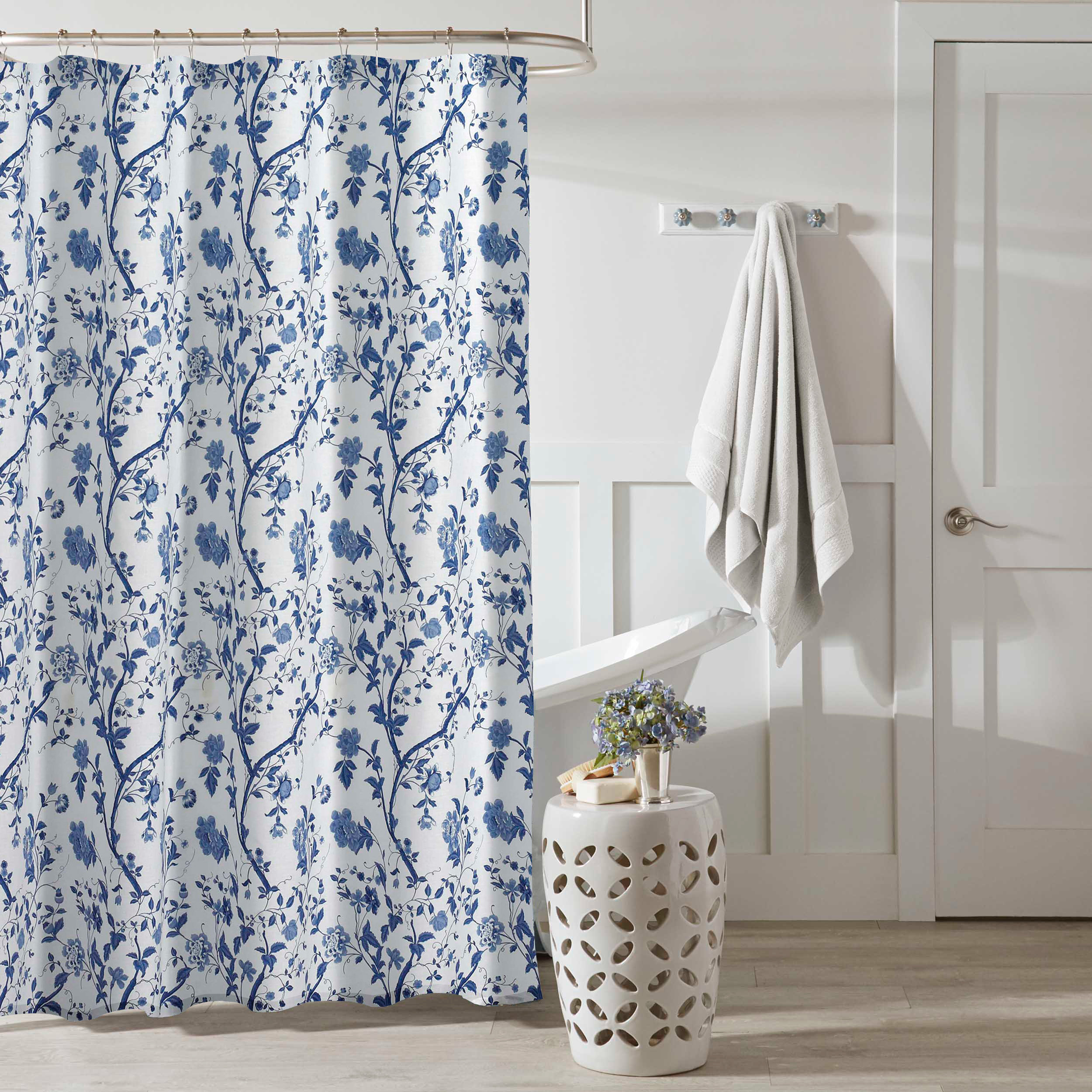 Laura Ashley Charlotte Blue/White Floral 100% Cotton Shower Curtain ...