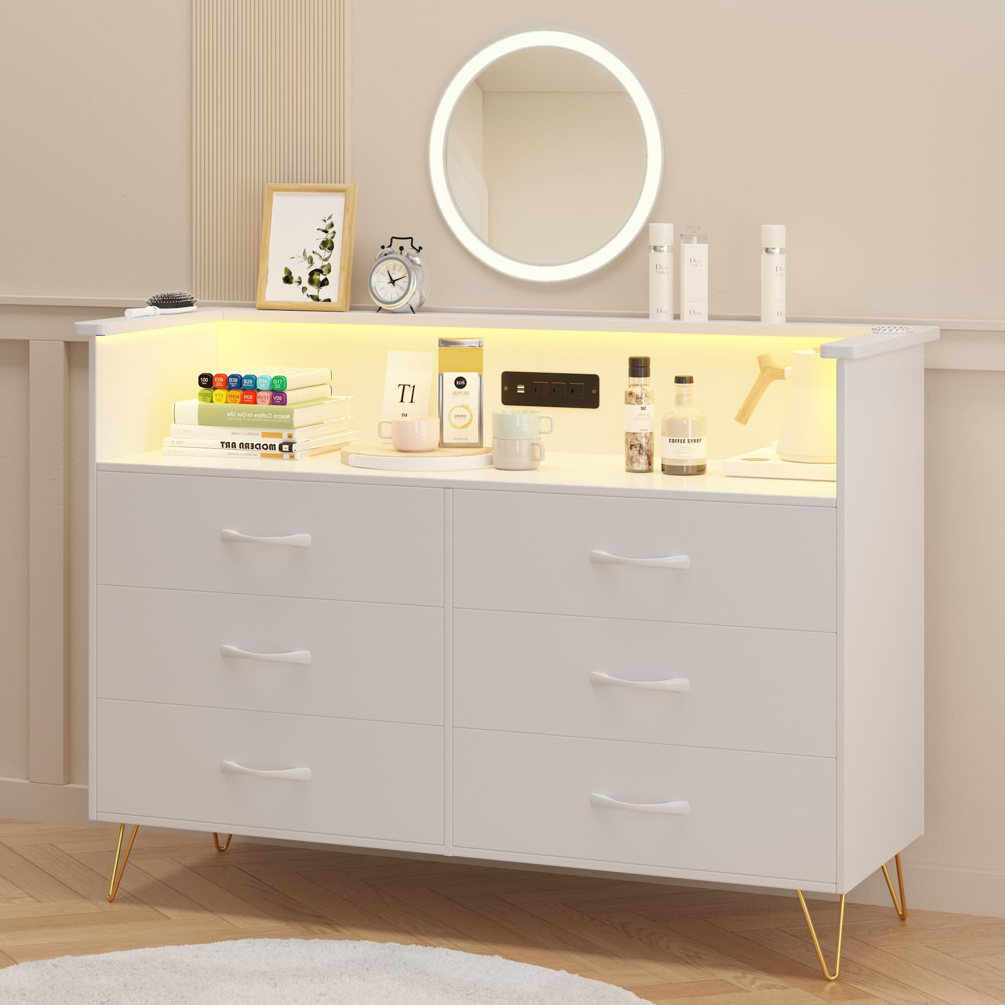 Mercer41 White Dresser For Bedroom With LED Light & Charging Station, 6 ...