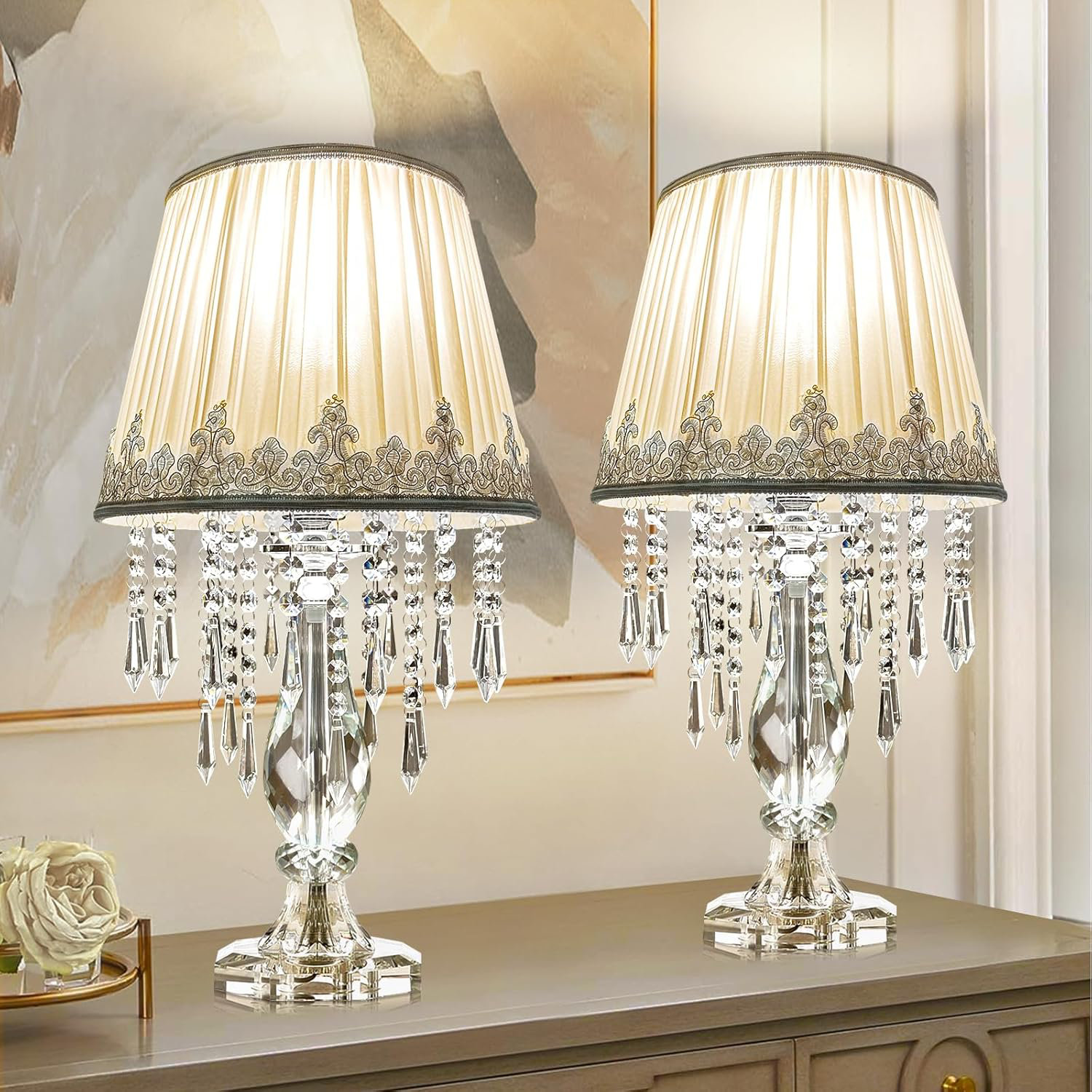 Belleze Set Of 2 Dimmable Crystal Table Lamps With Fabric Shades, 22.8 ...