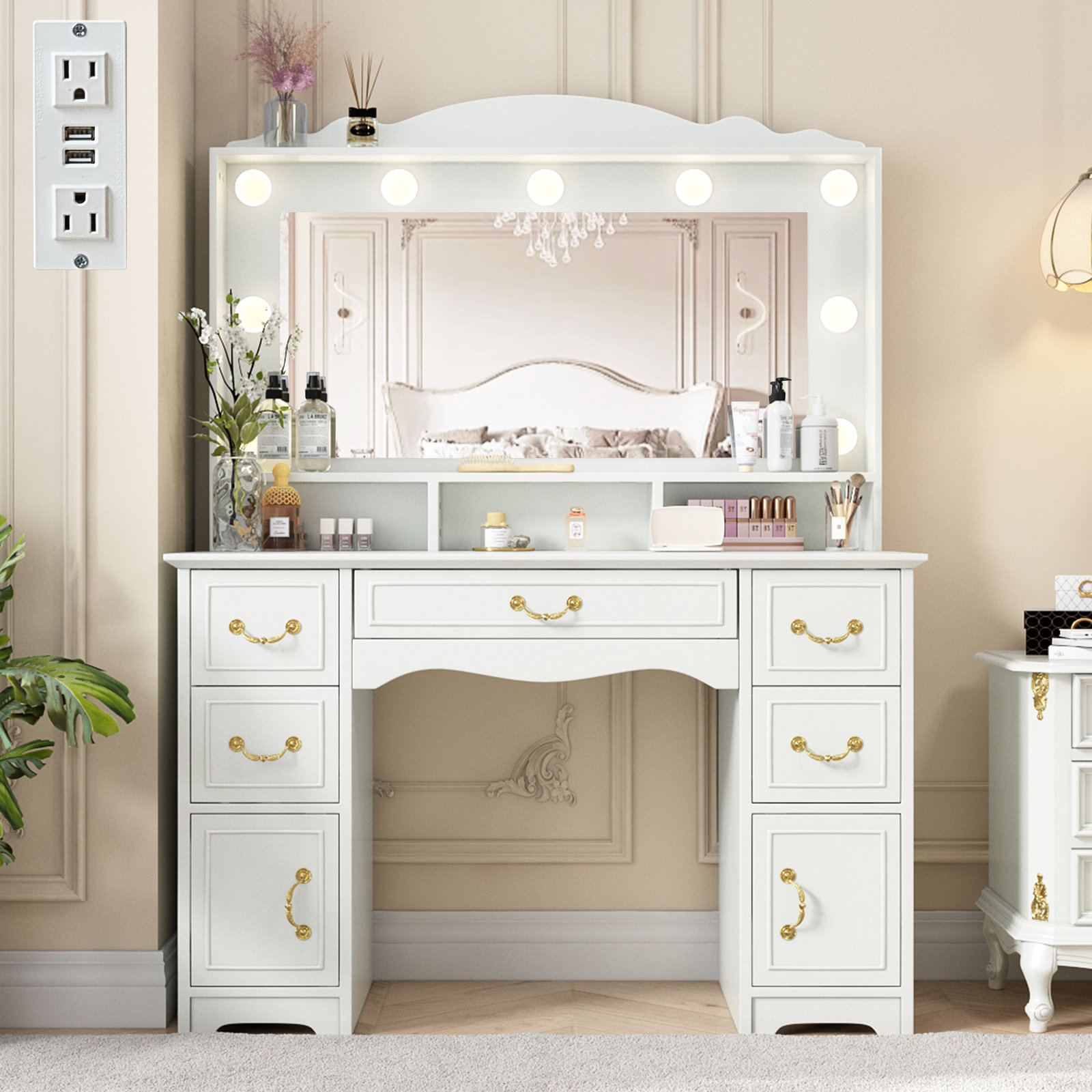 Winston Porter Wood Farmhouse Makeup Vanity Desk With Lightes and ...