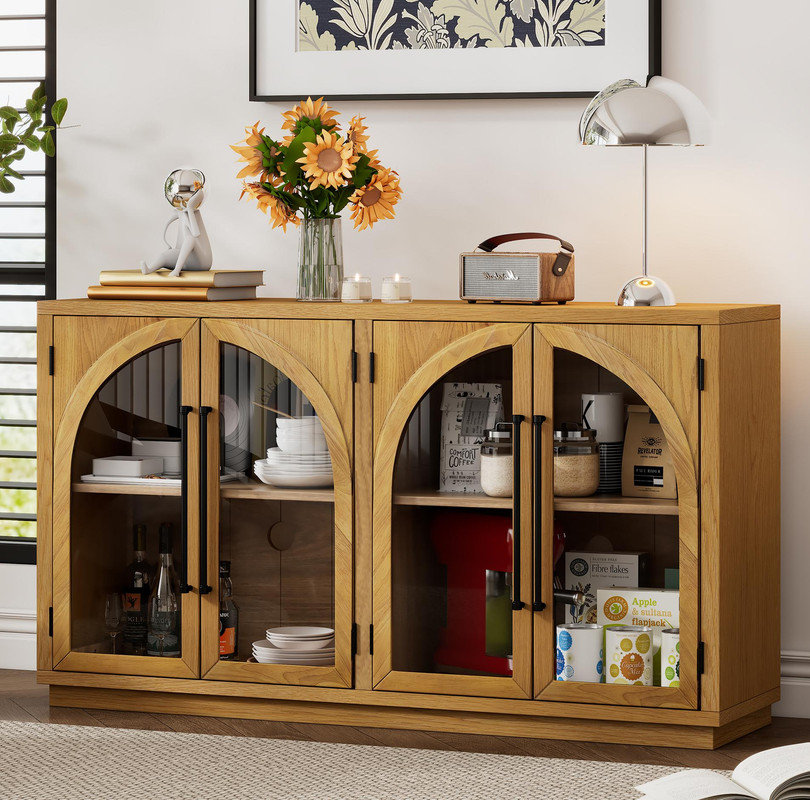 Winston Porter 4-Door Large Storage Sideboard Buffet Cabinet with Glass Doors, Arched Cabinet ...