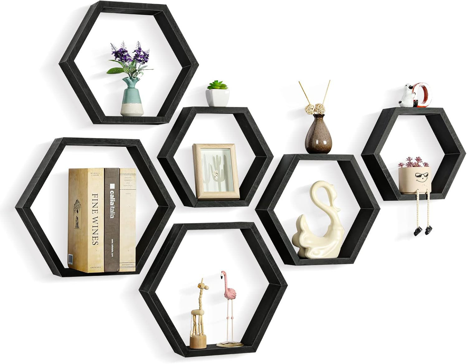 Dakota Fields Hexagon Floating Shelves Set Of 6 - Wooden Honeycomb Wall ...