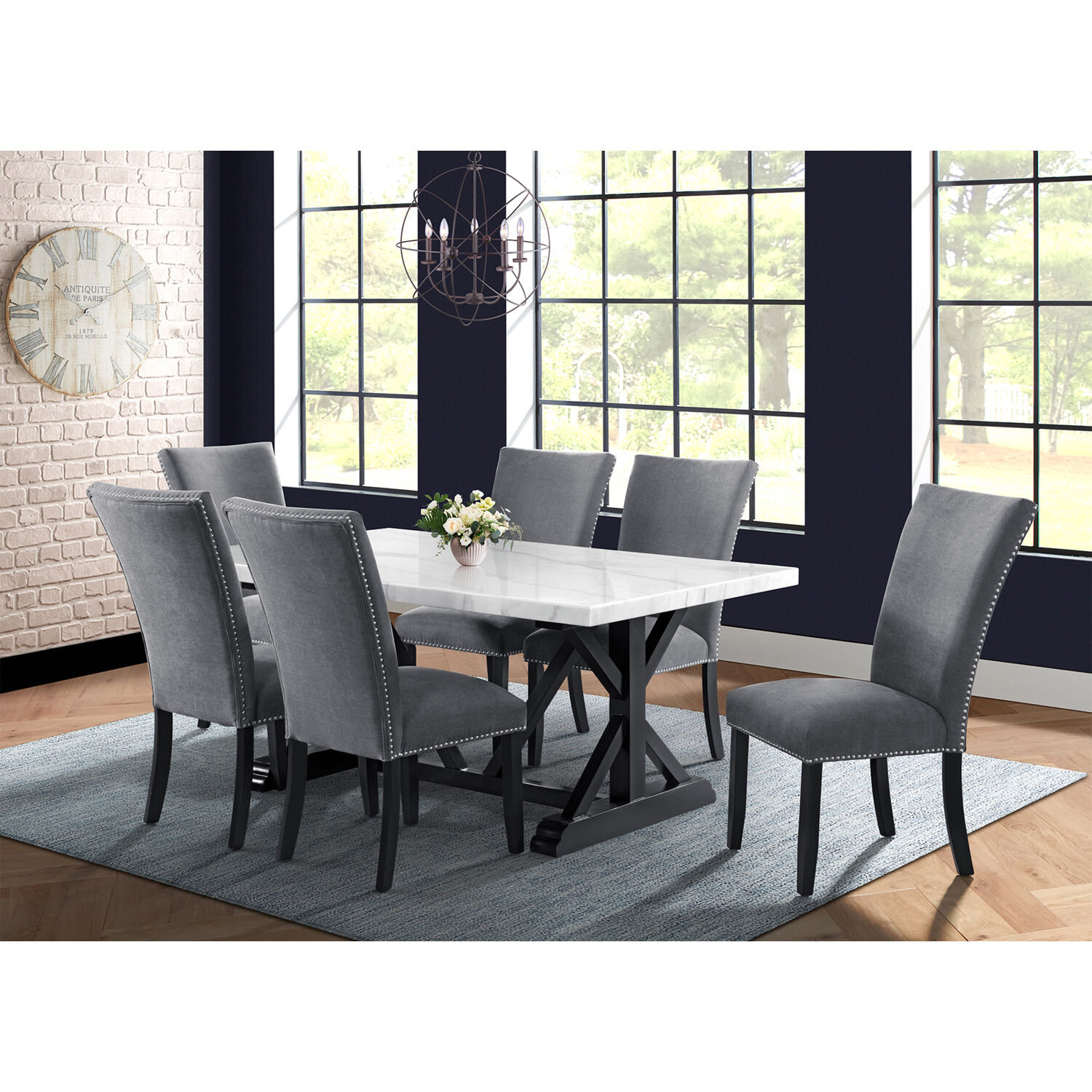 Hanover Capri 7-Piece Dining Room Set With Natural White Marble Top ...