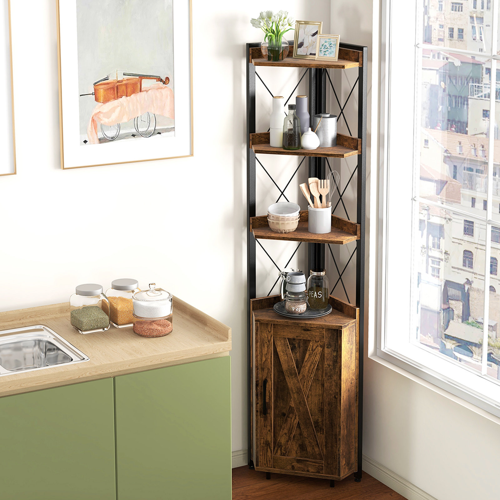 17 Stories 6-tier Corner Shelf with Cabinet 71 Inches Tall Corner ...