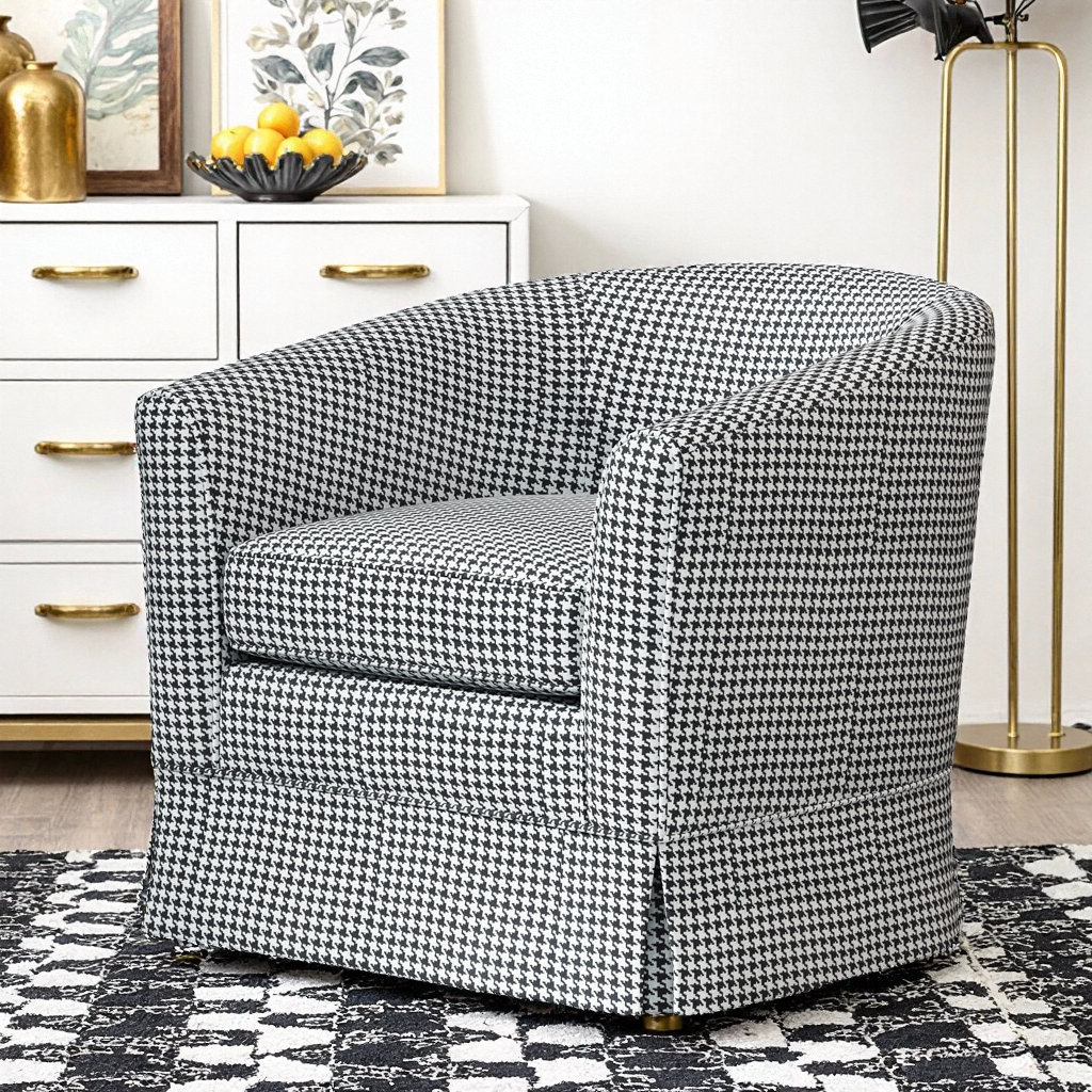George Oliver Elegant White Swivel Chair with Houndstooth Pattern ...
