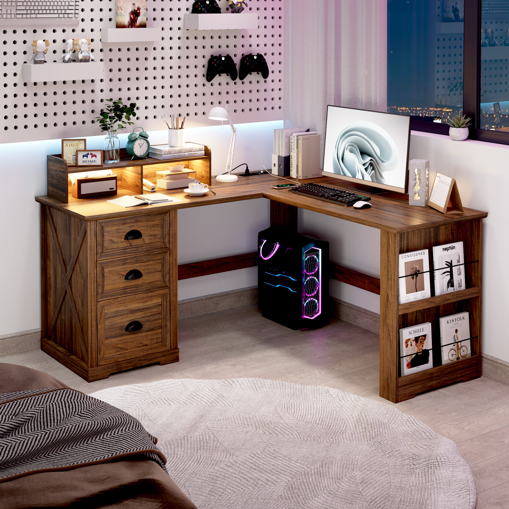 Gracie Oaks L-shaped Computer Desk With Storage Drawers And Bookshelf ...