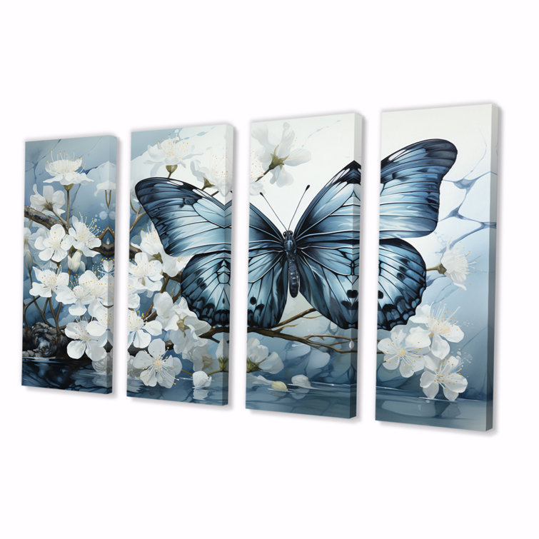 DesignArt Blue White Butterfly Reflection On Canvas 4 Pieces Print ...