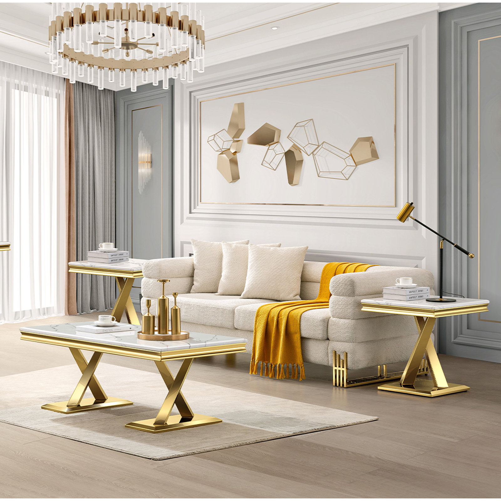 Everly Quinn 3 Piece Living Room Table Set, Rectangular Coffee Table ...