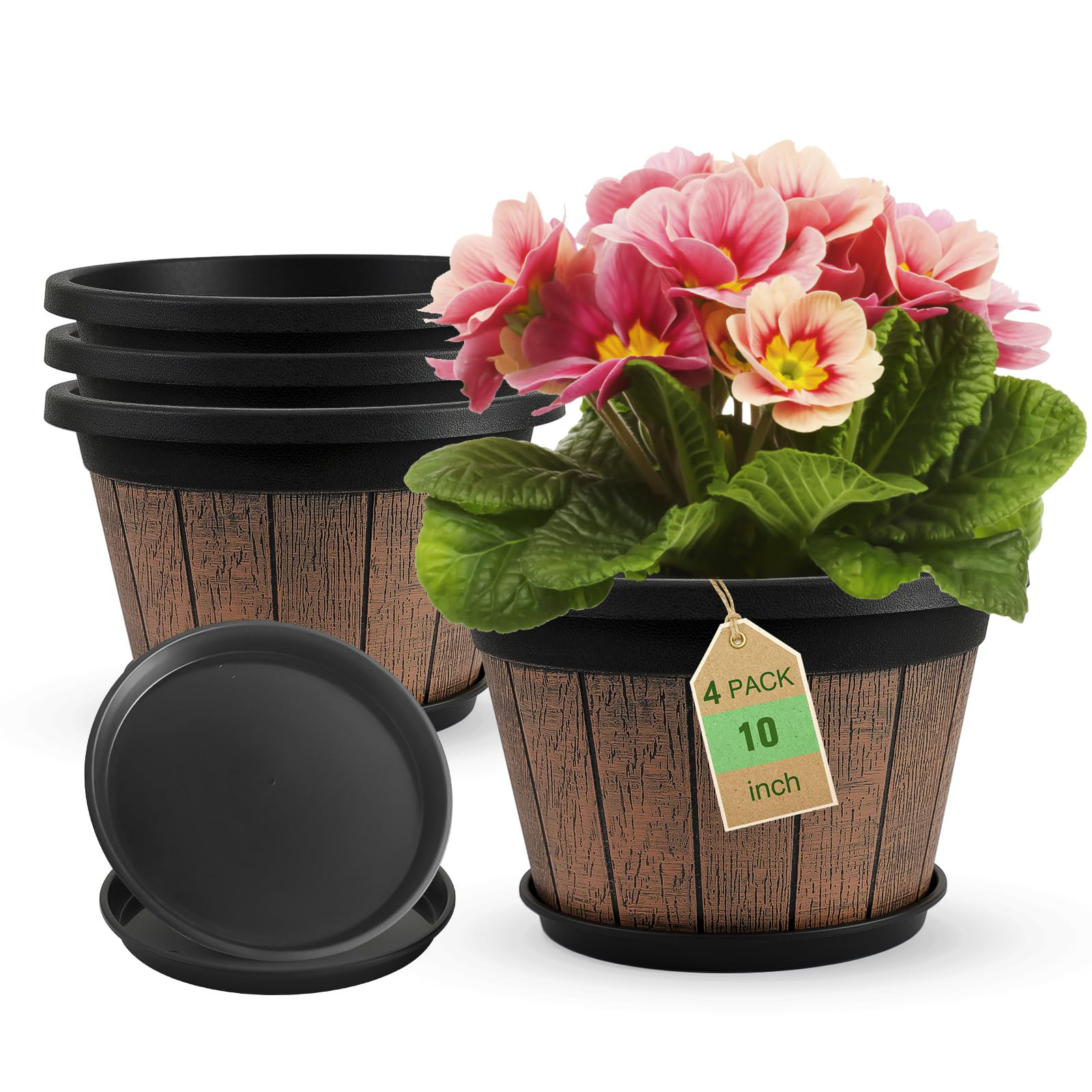 Ophelia & Co. 4 Pack 10 Inch Plant Pots,Upgrade Whiskey Barrel Planters ...