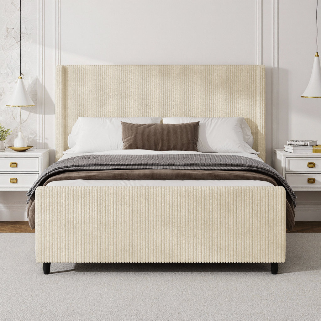 Mercer41 Upholstered Bed Frame, Wingback Headboard with Vertical Stripe ...